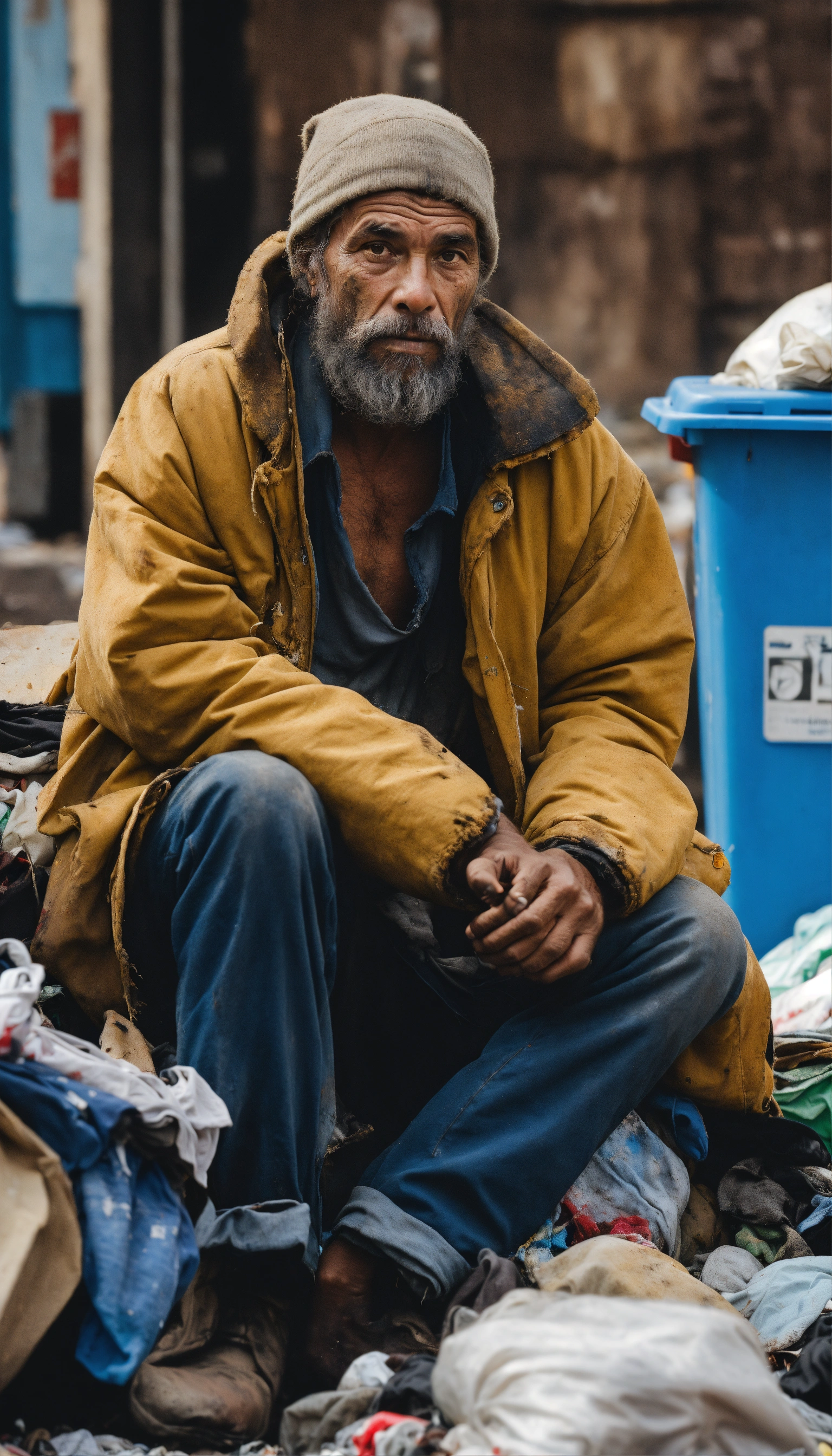 Lexica - A homeless man in tattered dirty clothes sits on a rubbish ...