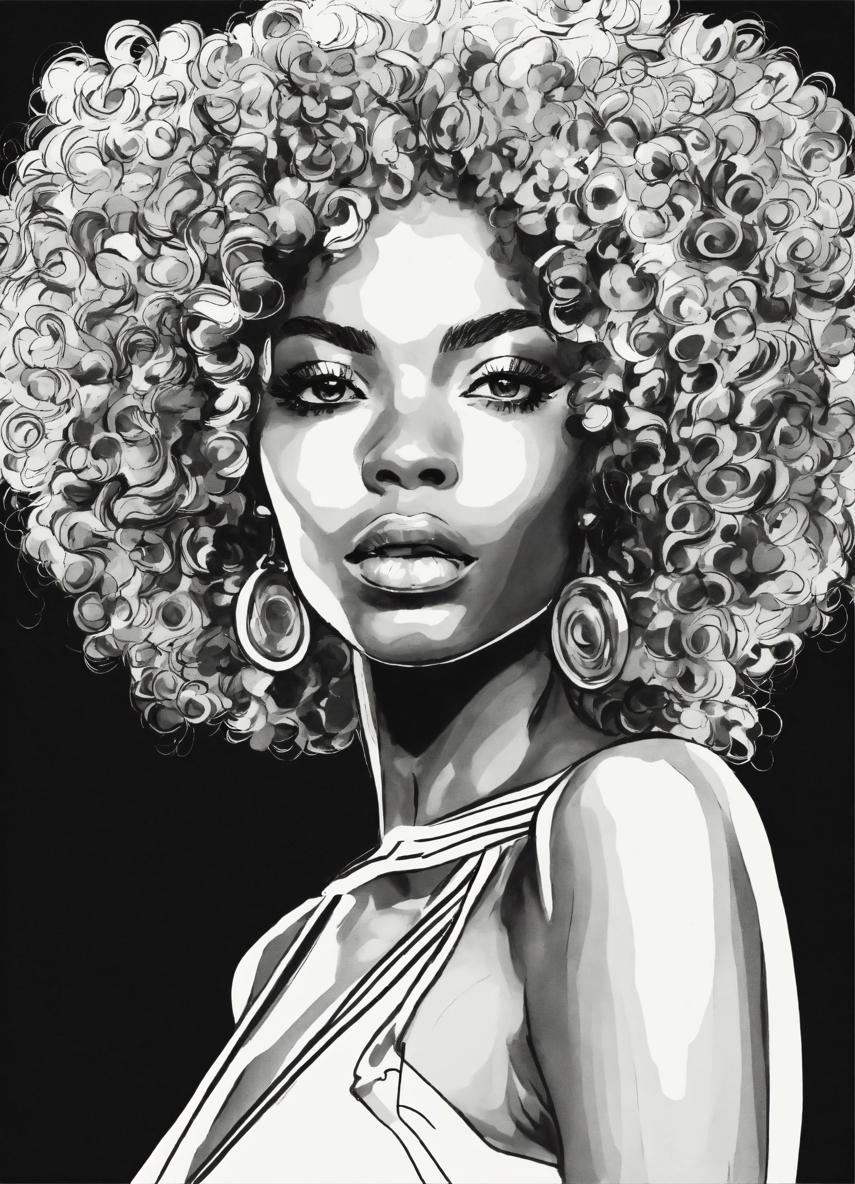 Lexica - Black and white line drawing, black woman, glamorous, upper ...