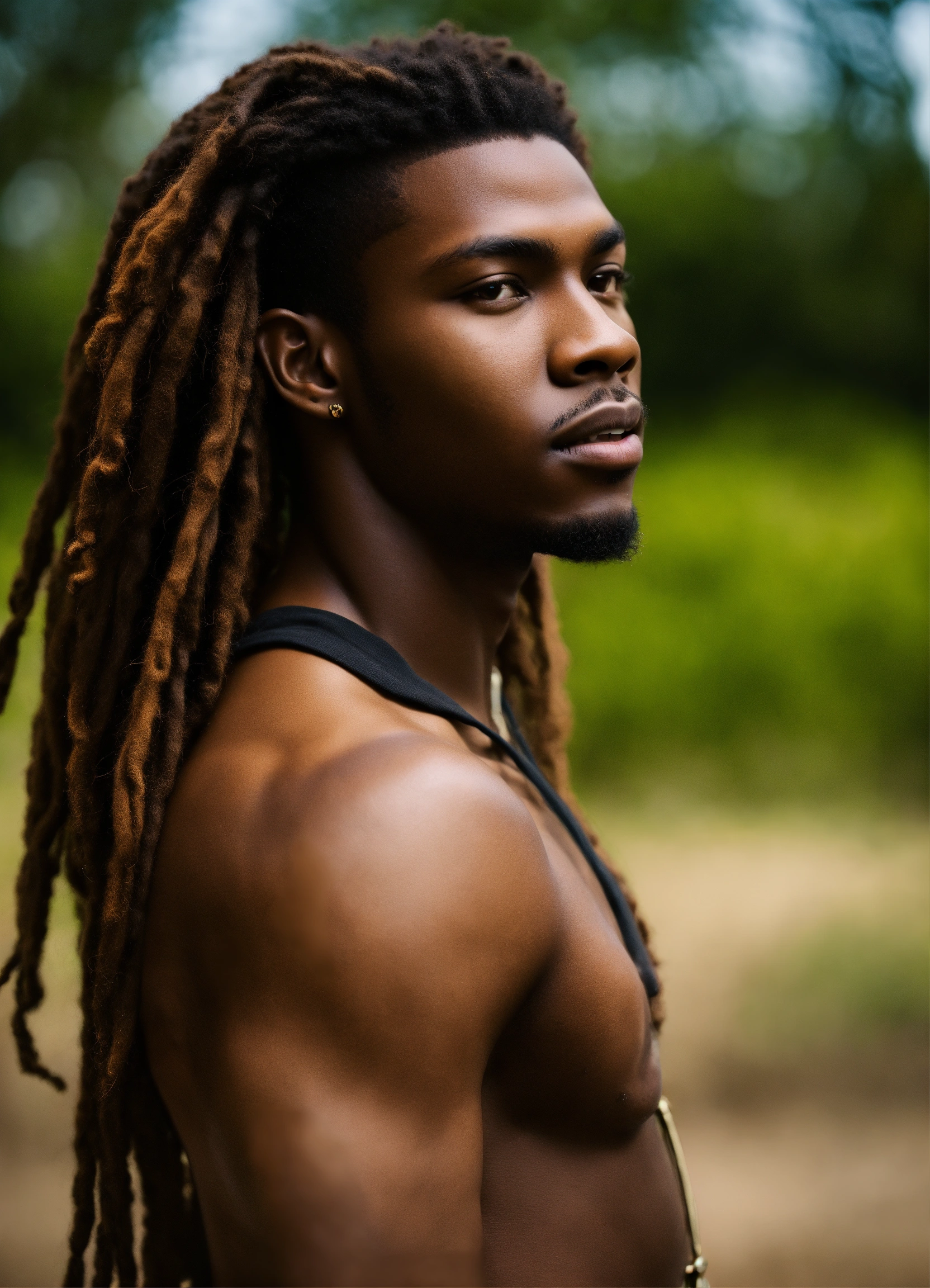 Lexica - Black male 20 year old, bronze skin, long brown dreads,
