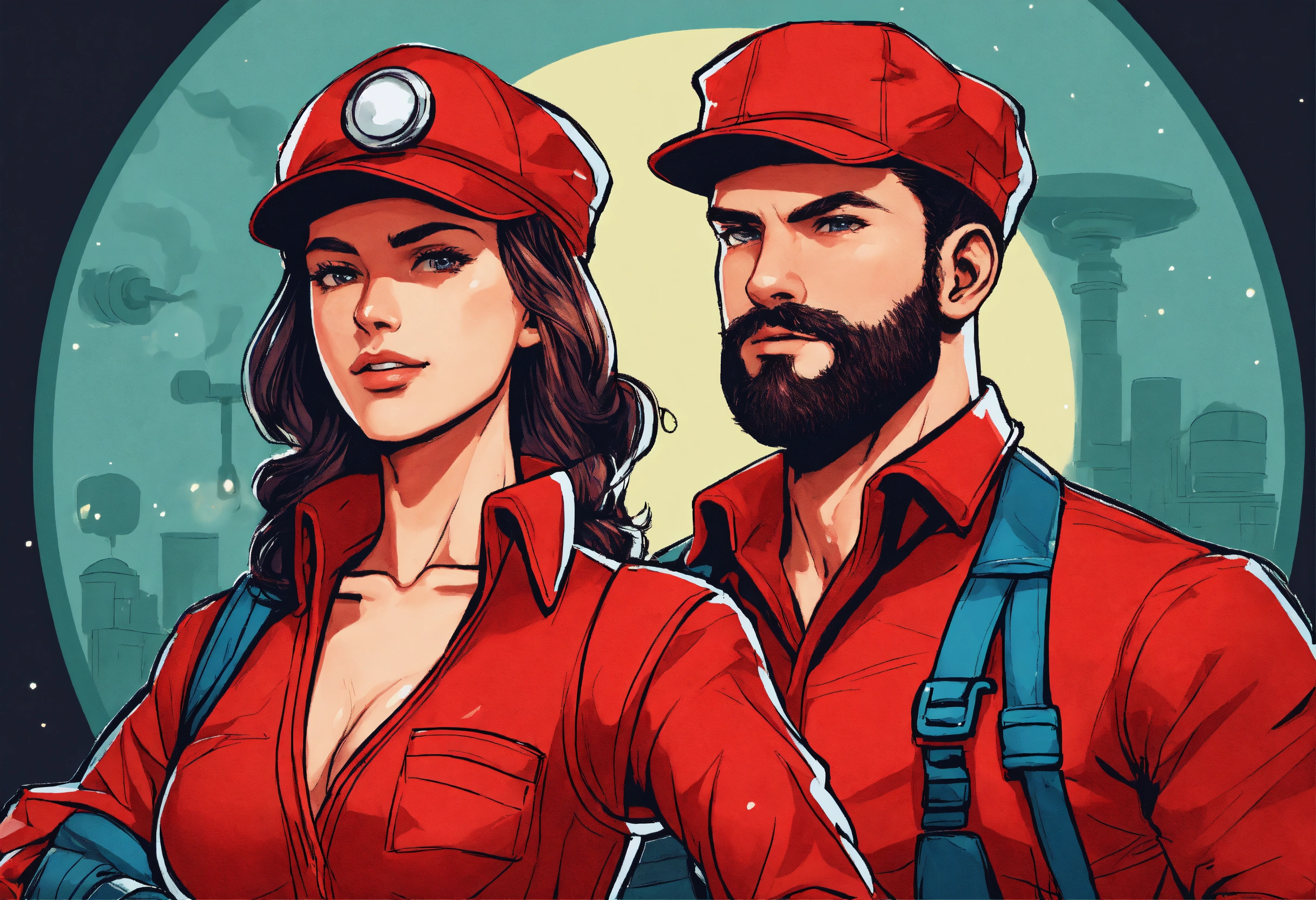 Lexica - Close up of two heroic plumber in a red outfit with a red hart ...