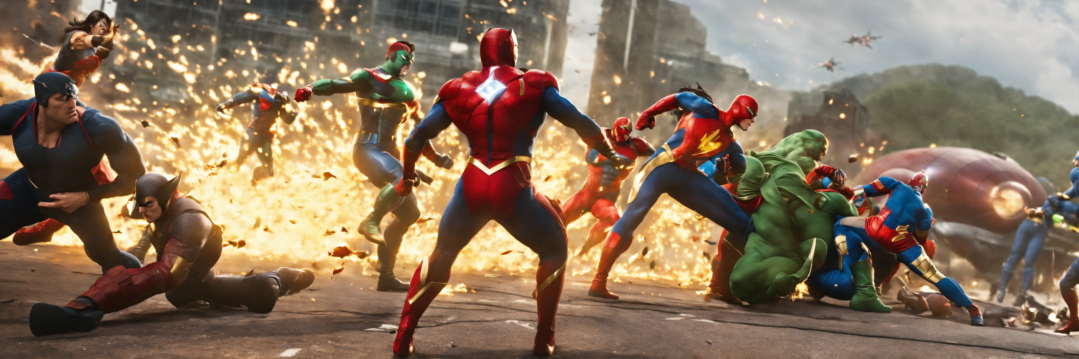 Lexica - CGI image, a dynamic poses of a team of original superhero ...
