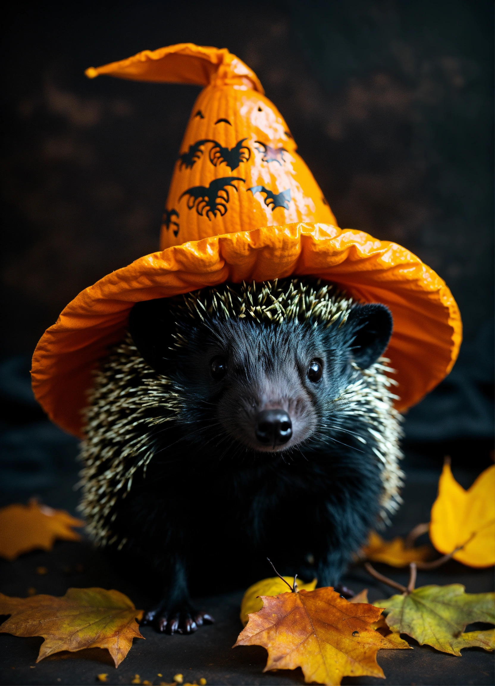 Lexica - Spooky black hedgehog with orange eyes wearing a witches hat ...