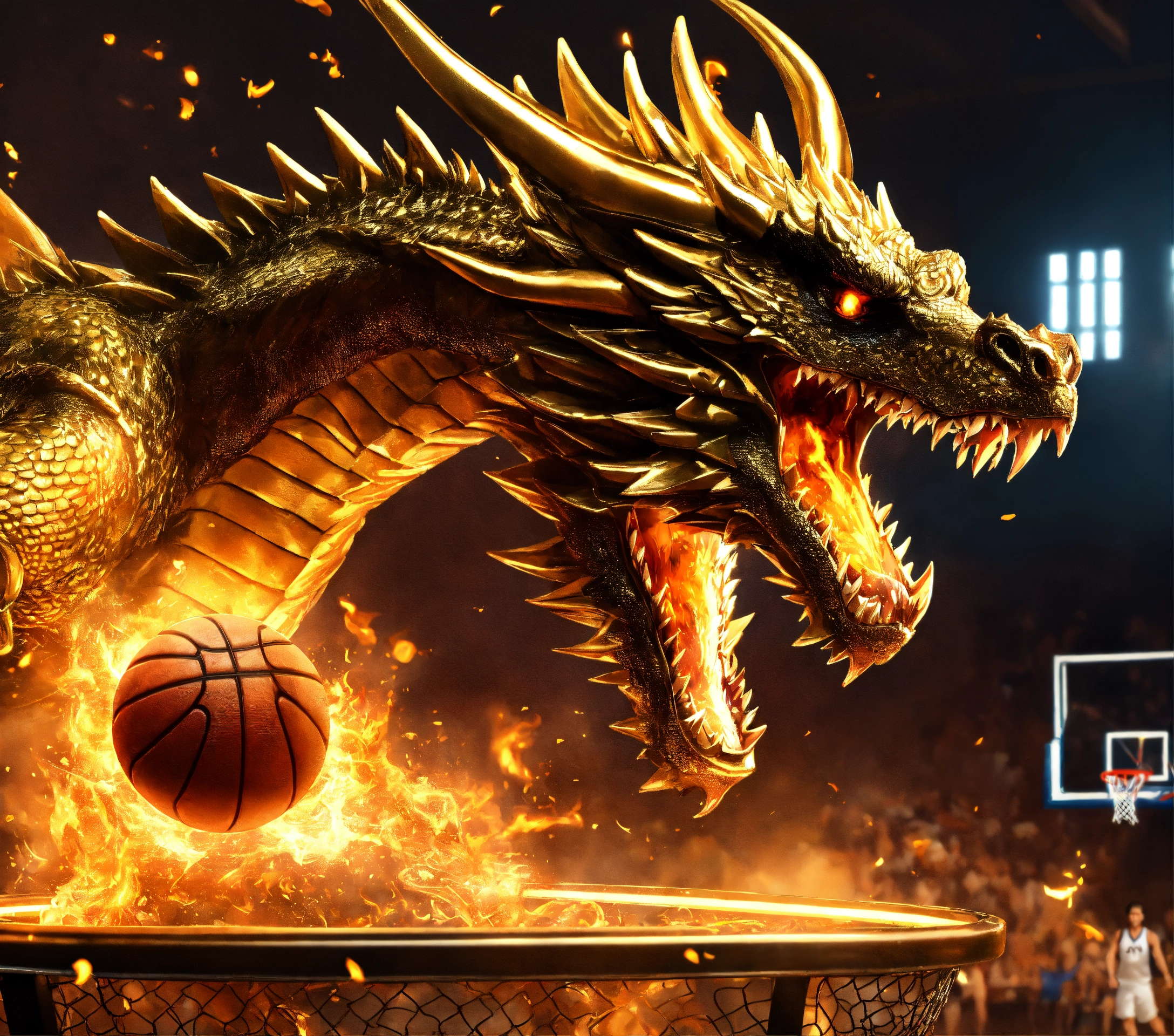 Lexica - A scary strong gold dragon with basketball shooting fire ...