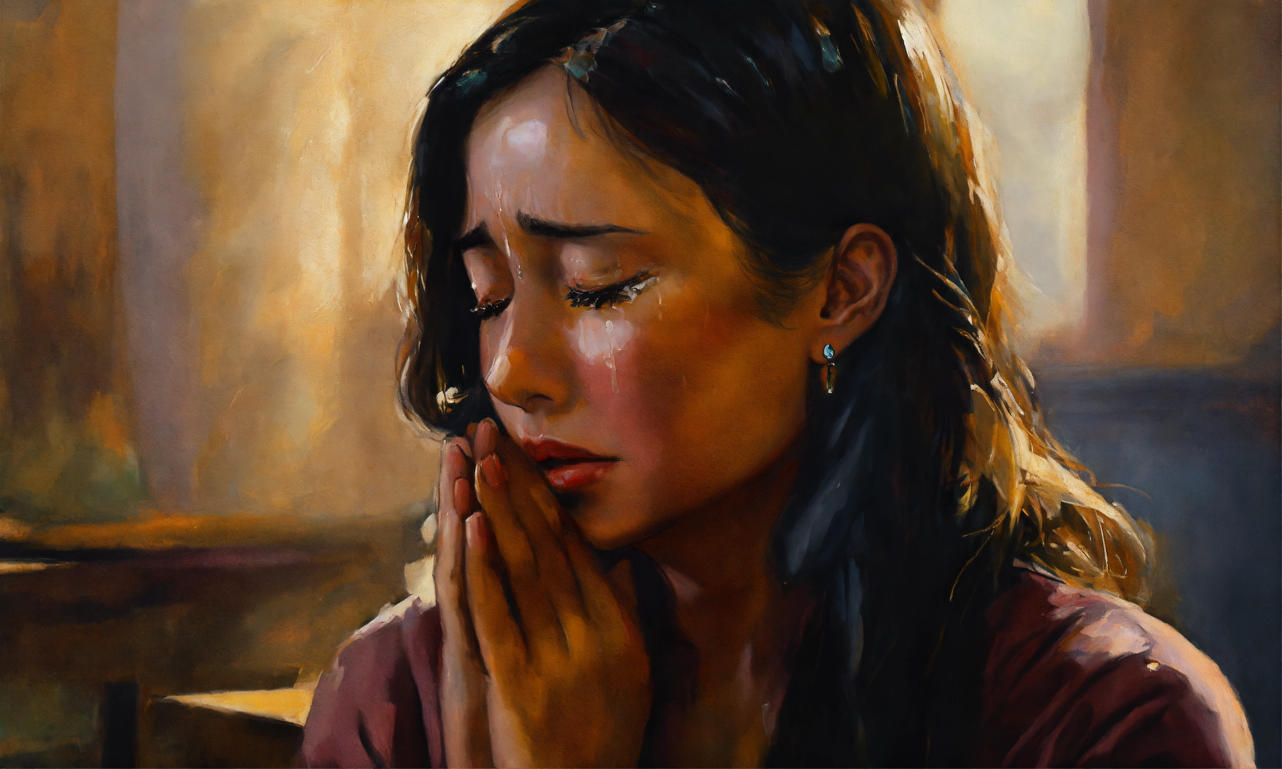 Lexica - Oil painting of a woman crying while praying