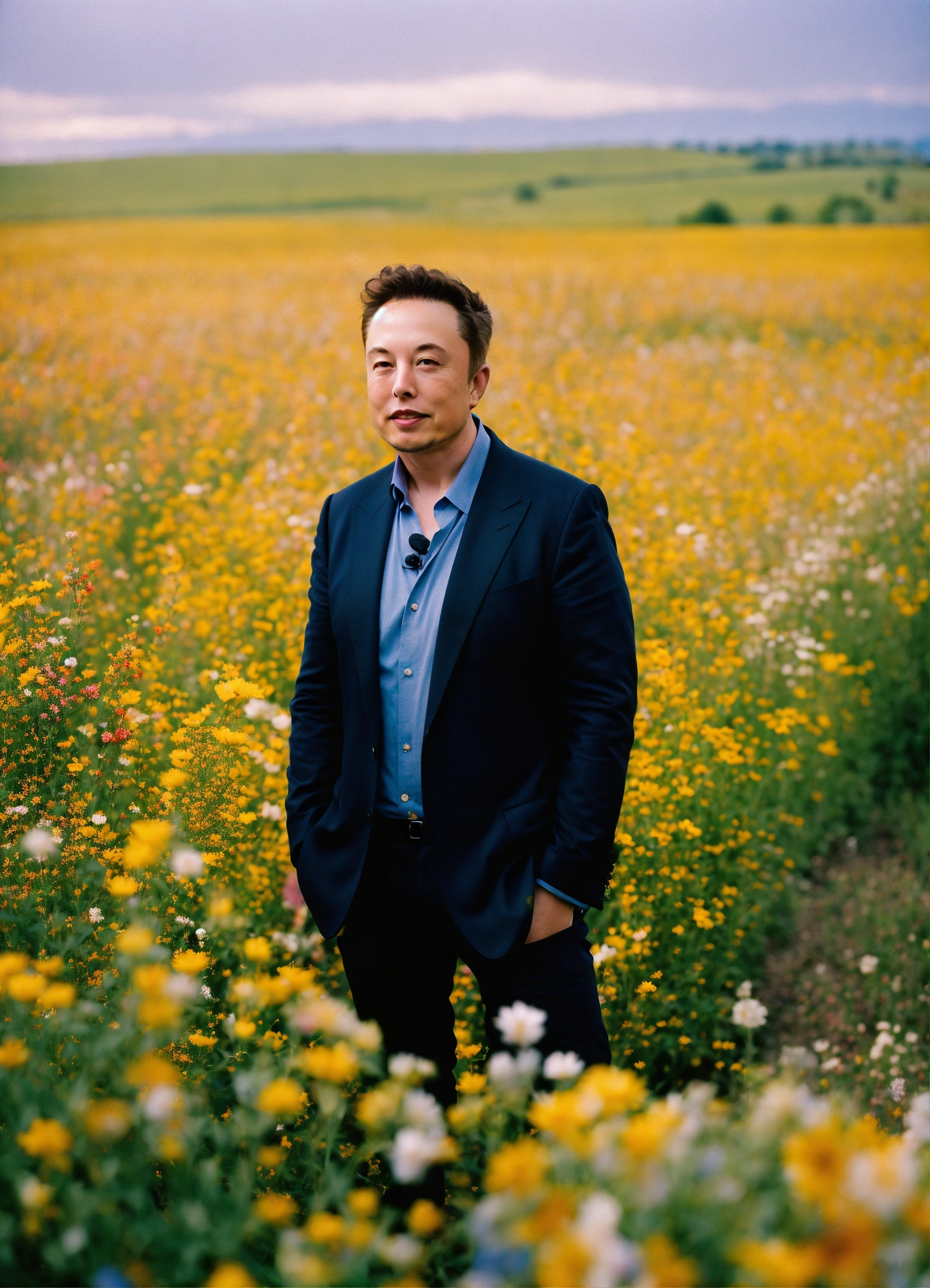 Lexica - Happy Elon Musk standing in a beautiful field of flowers ...