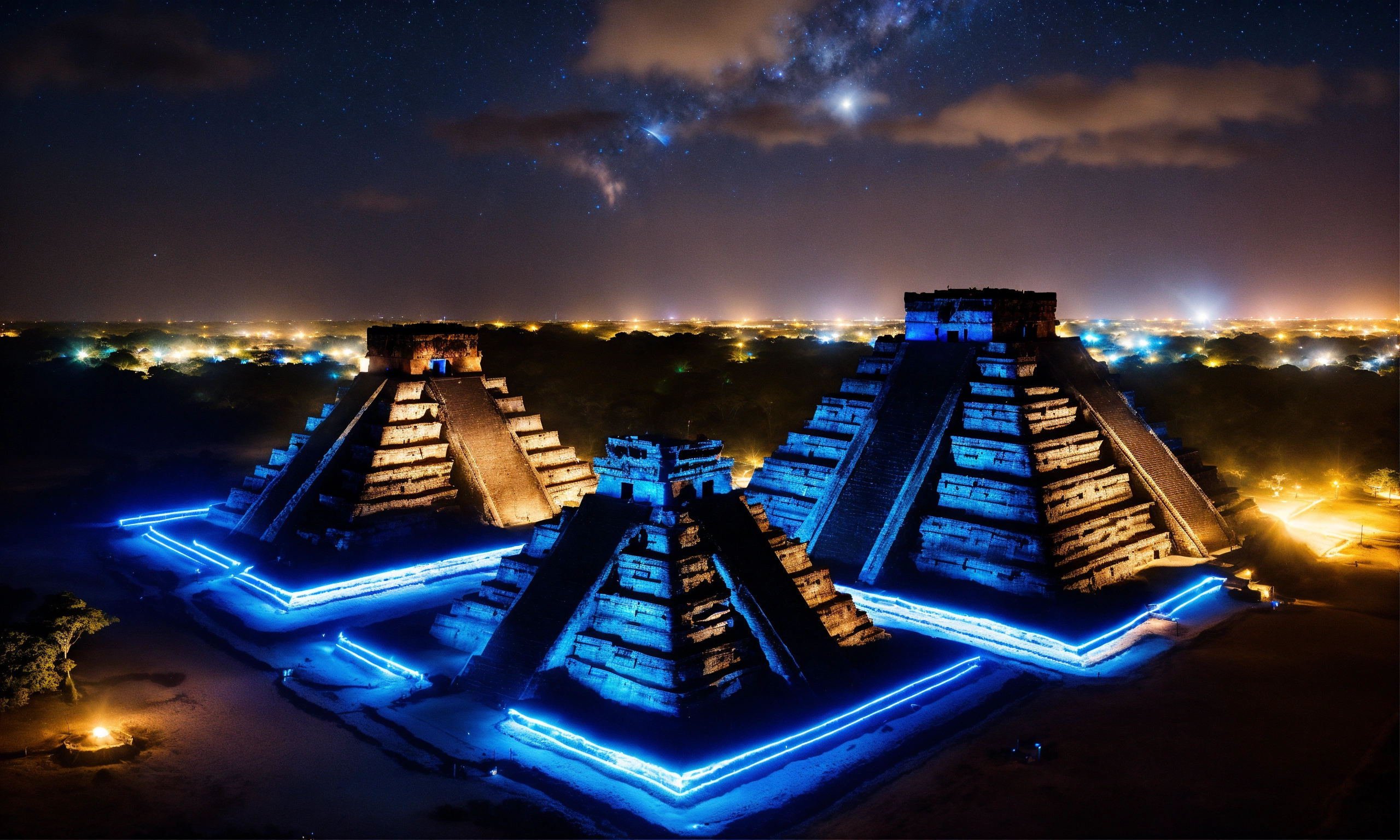Lexica - Aerial view of three Mayan pyramids emitting a beam of blue ...