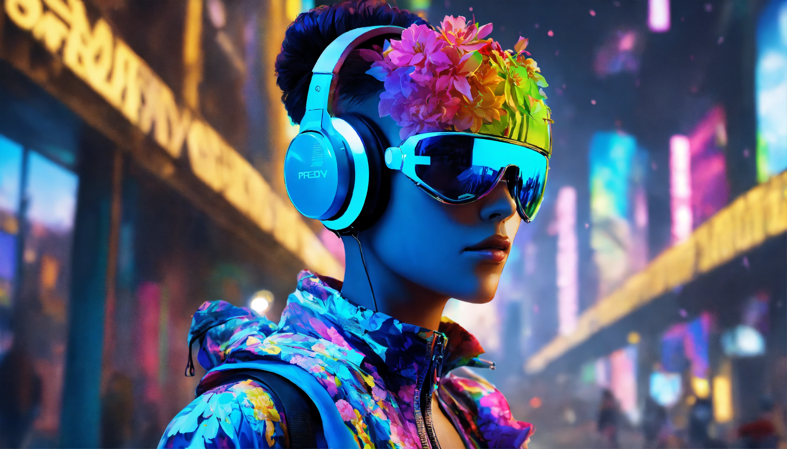 Lexica - Rainbow cyberpunk of a person in urban floral wear in a ...
