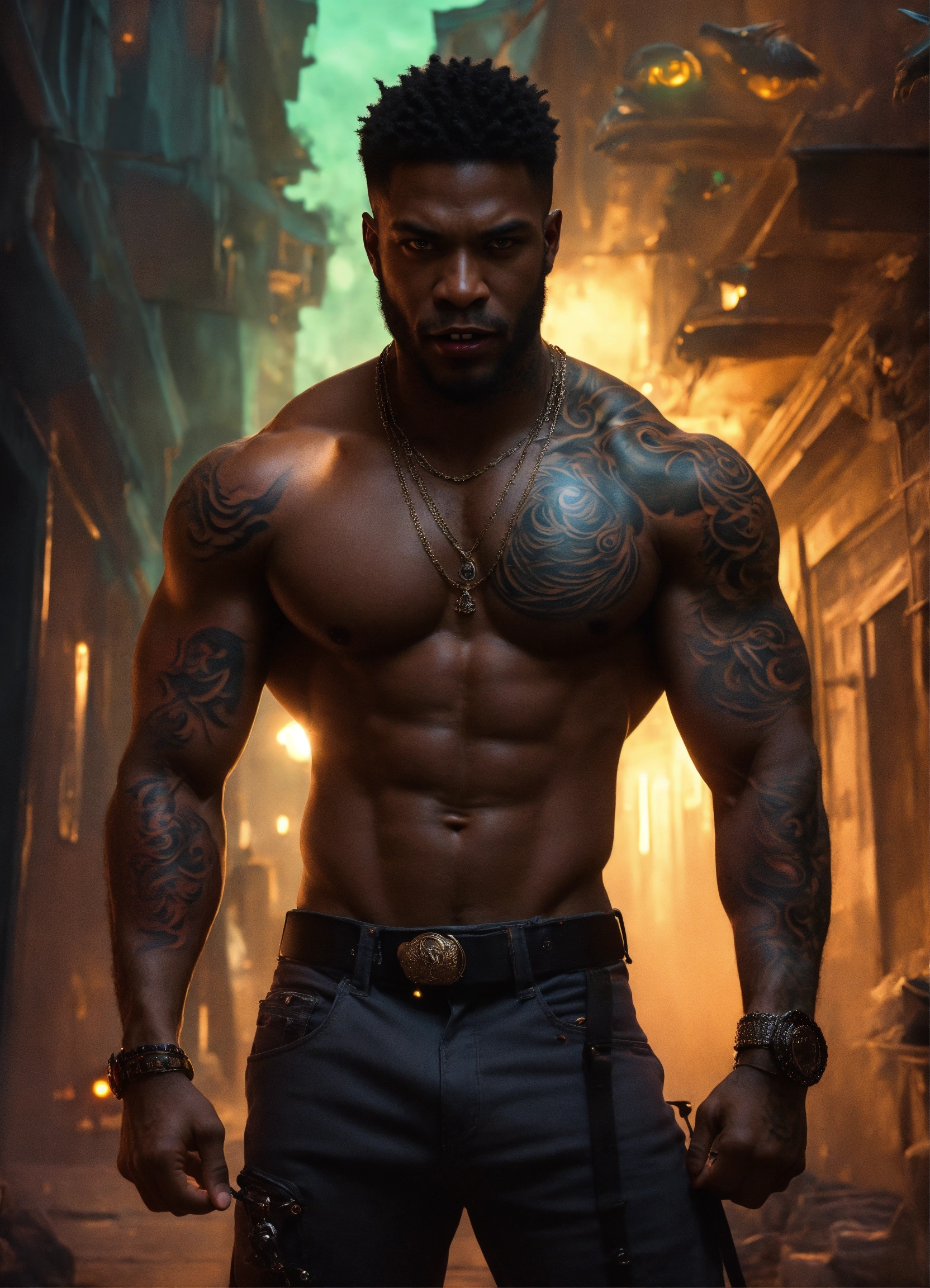 Lexica - Very Handsome, Black man, werewolf eyes, fangs, tattoos on ...