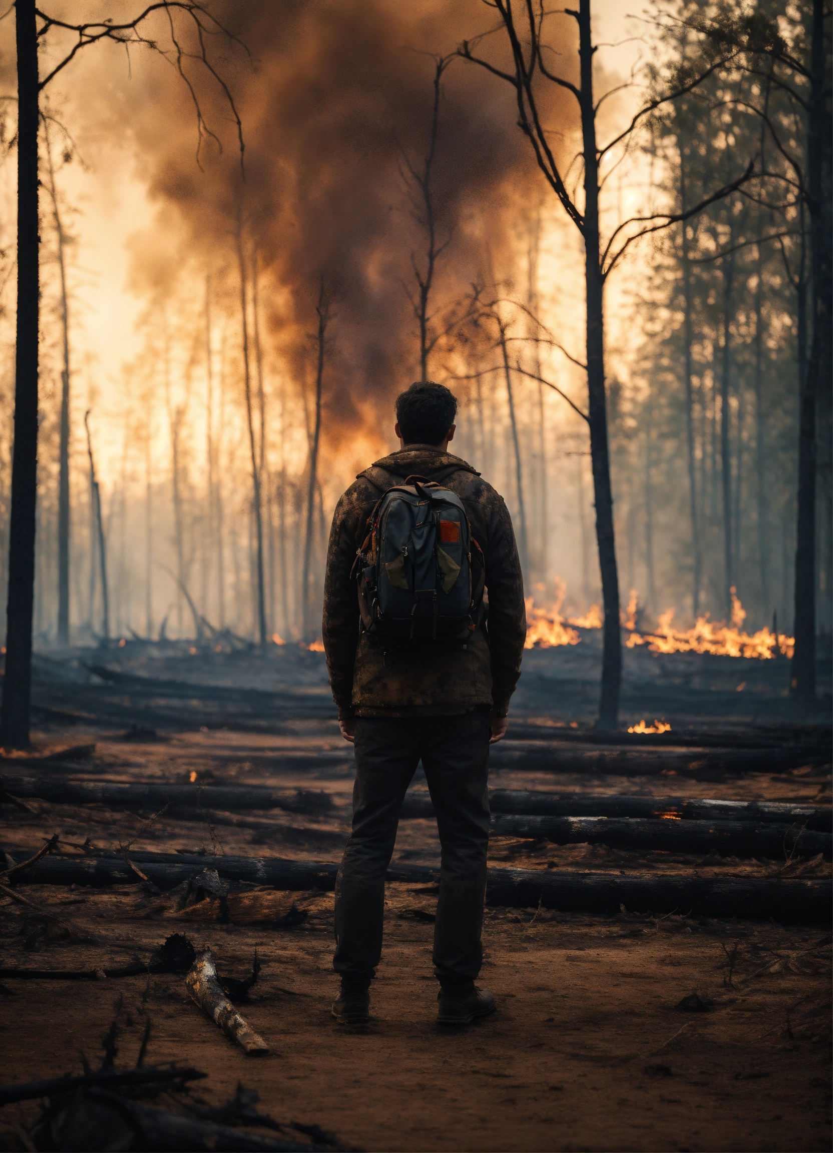 Lexica - A sad man standing in front of a burnt down forest, stunning ...