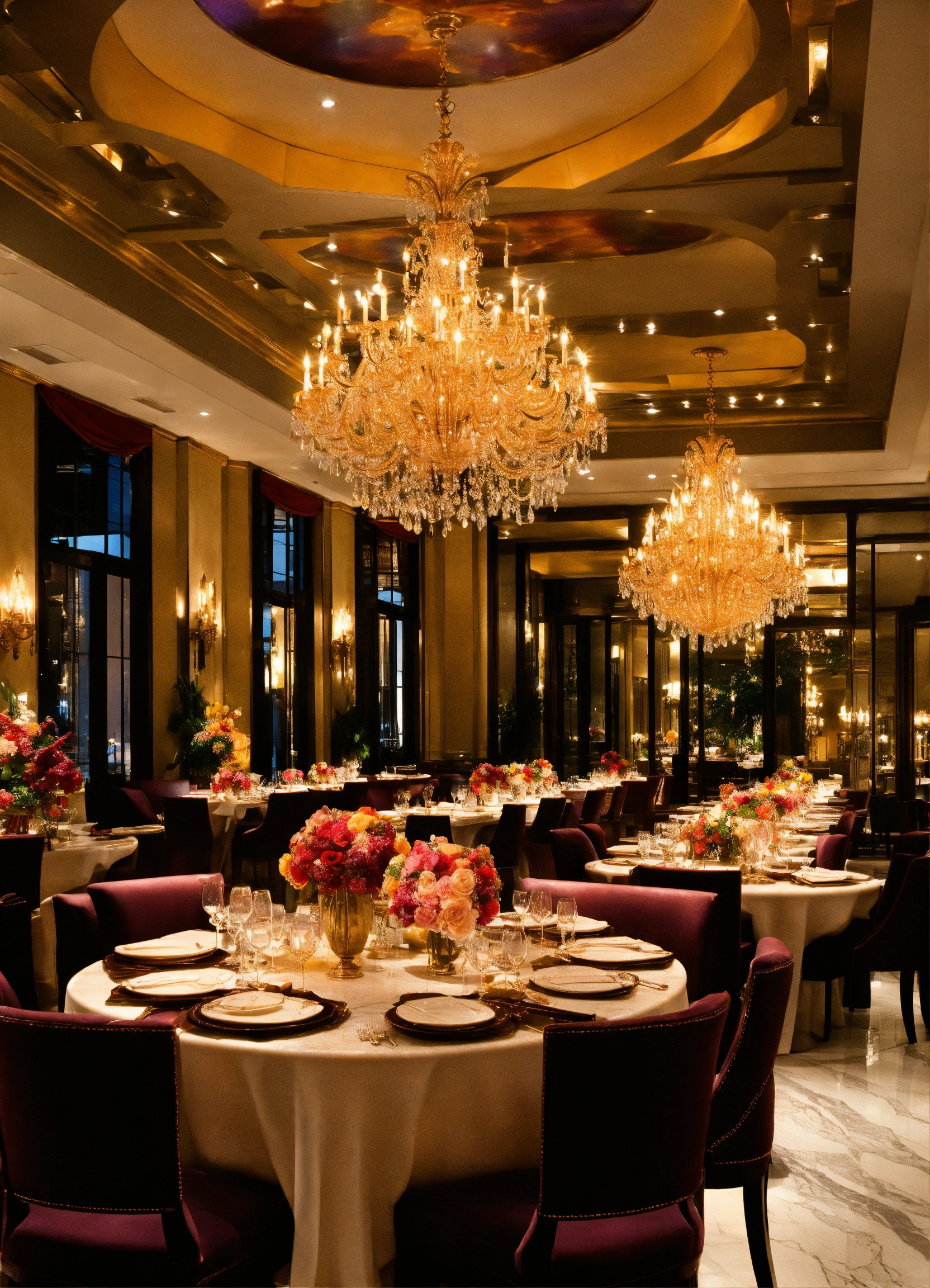 Lexica - Large upscale resturant, elegant dinner tables. colorful ...