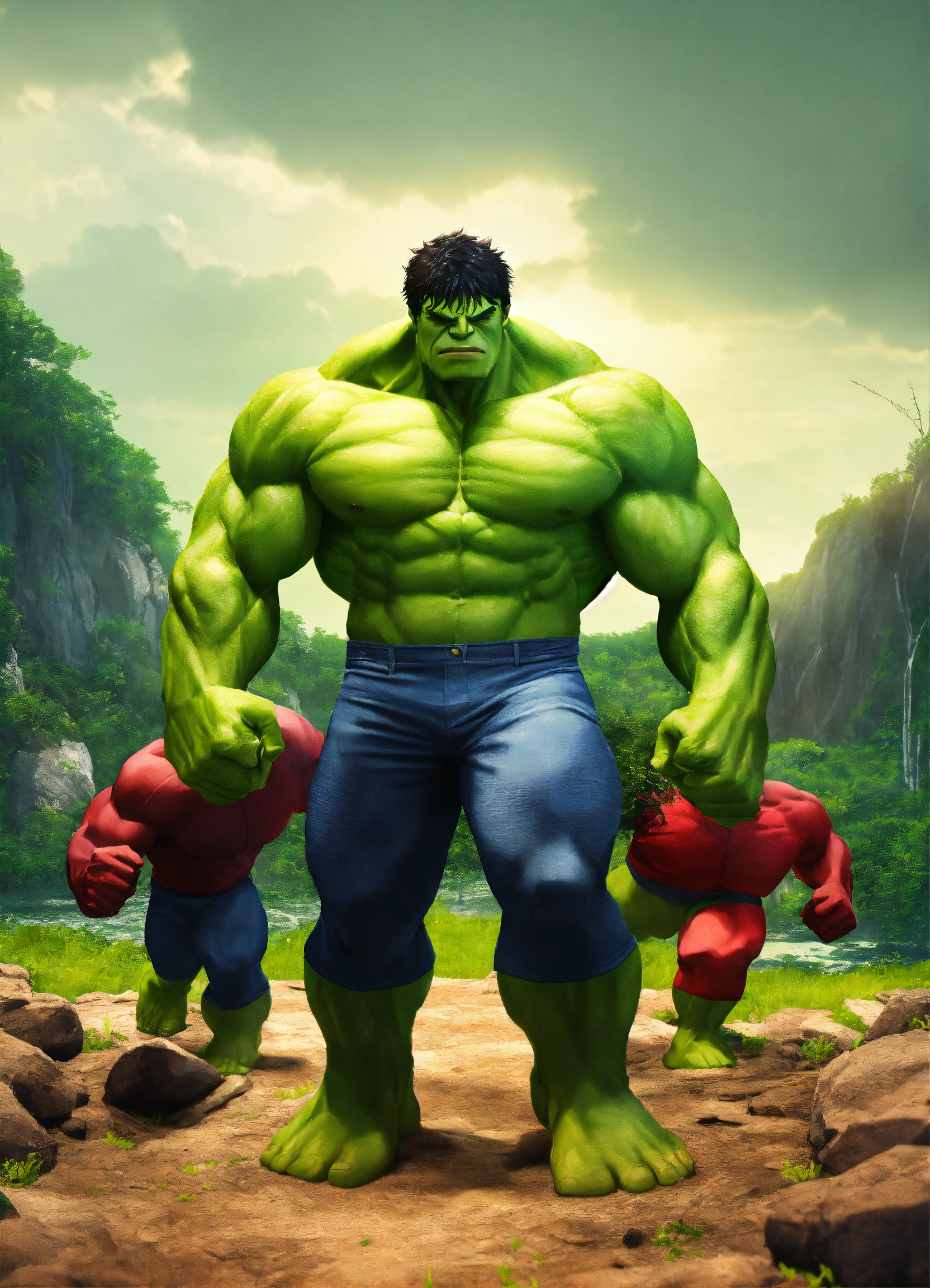 Lexica - 3 Hulk standing together, nature background, 2D render