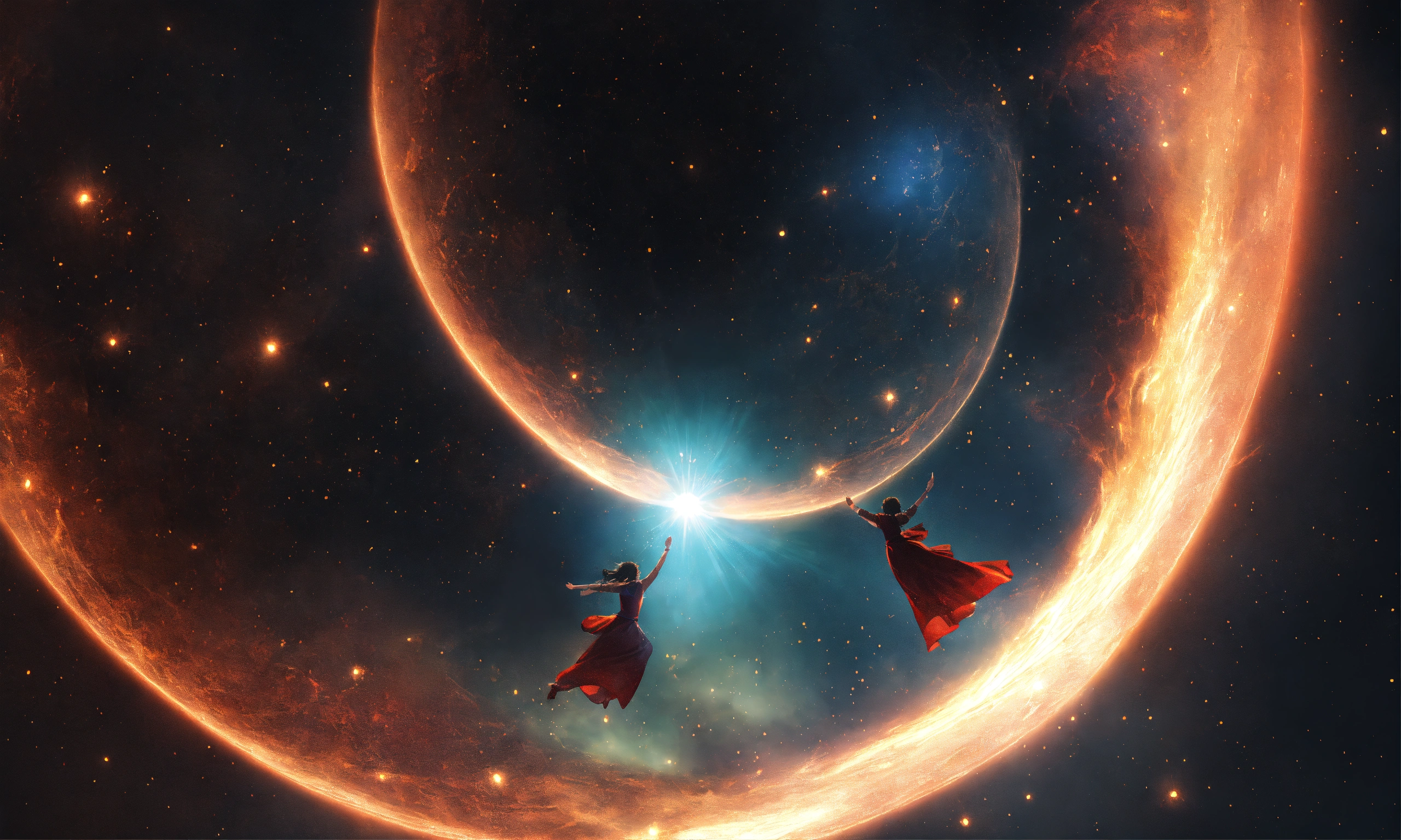 Lexica - Two flying human figures of light in the darkness of space