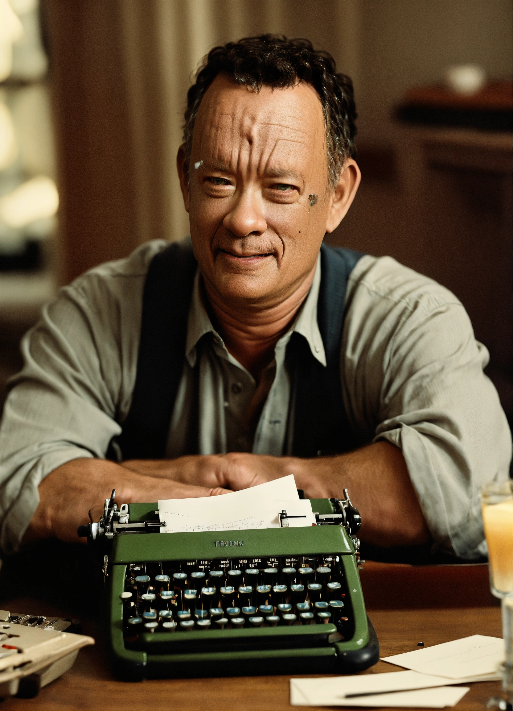 Lexica - Generate an image of Tom Hanks enjoying a typewriter, writing ...