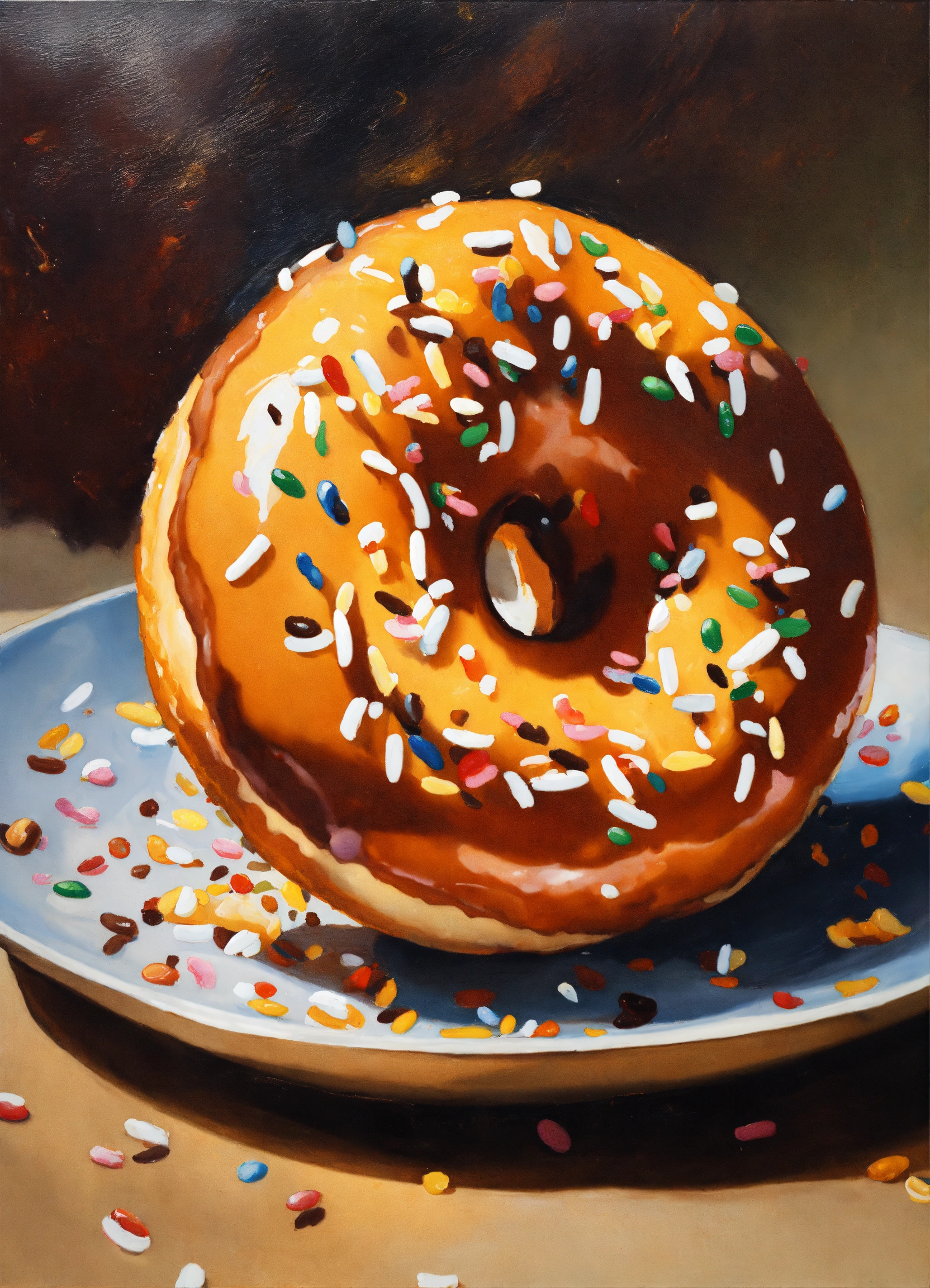 Lexica - Still life oil painting of donut with sprinkles in the style ...