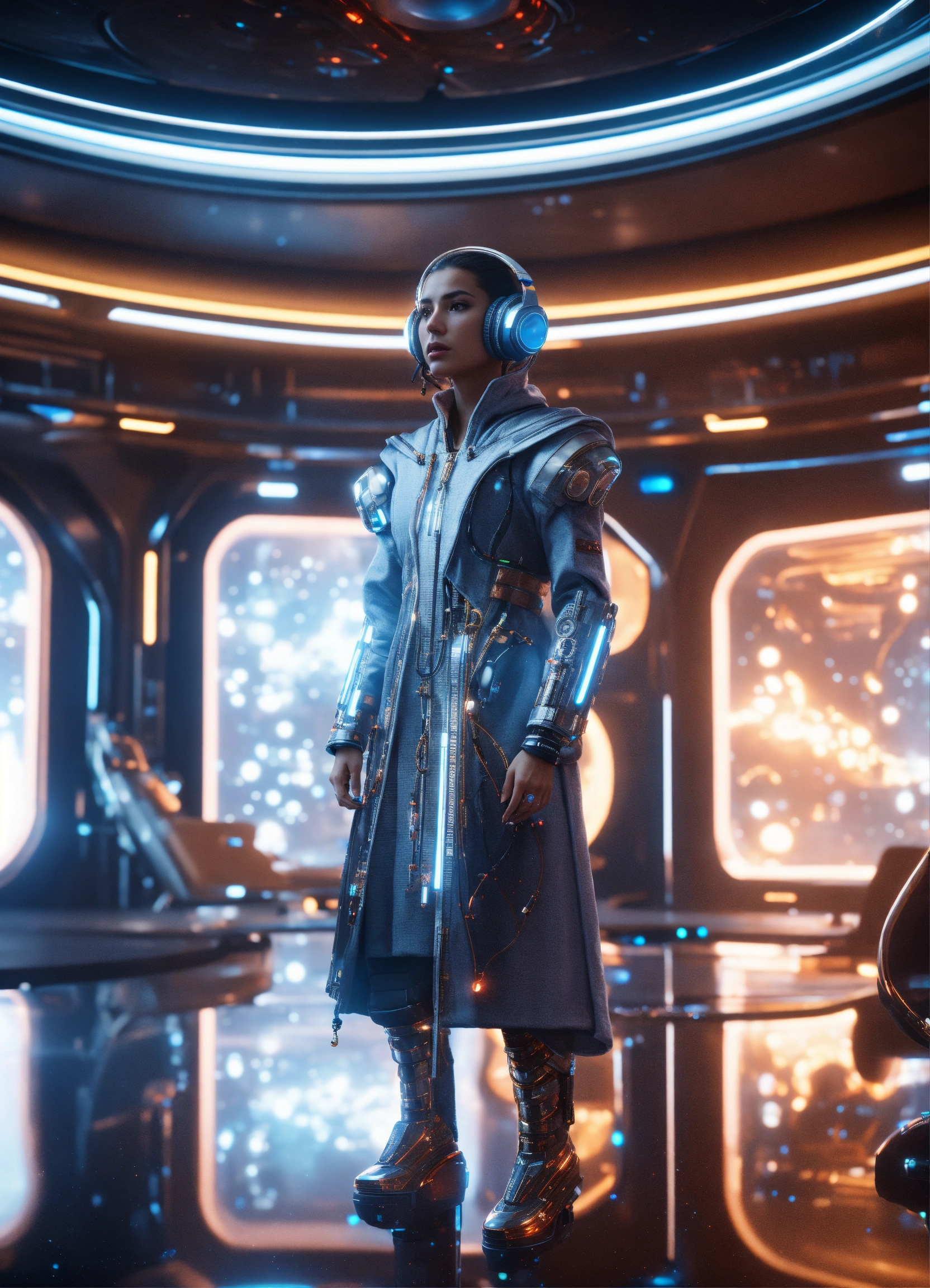 Lexica - Zoom out from a mixed humanoid, wearing a fancy space robe ...