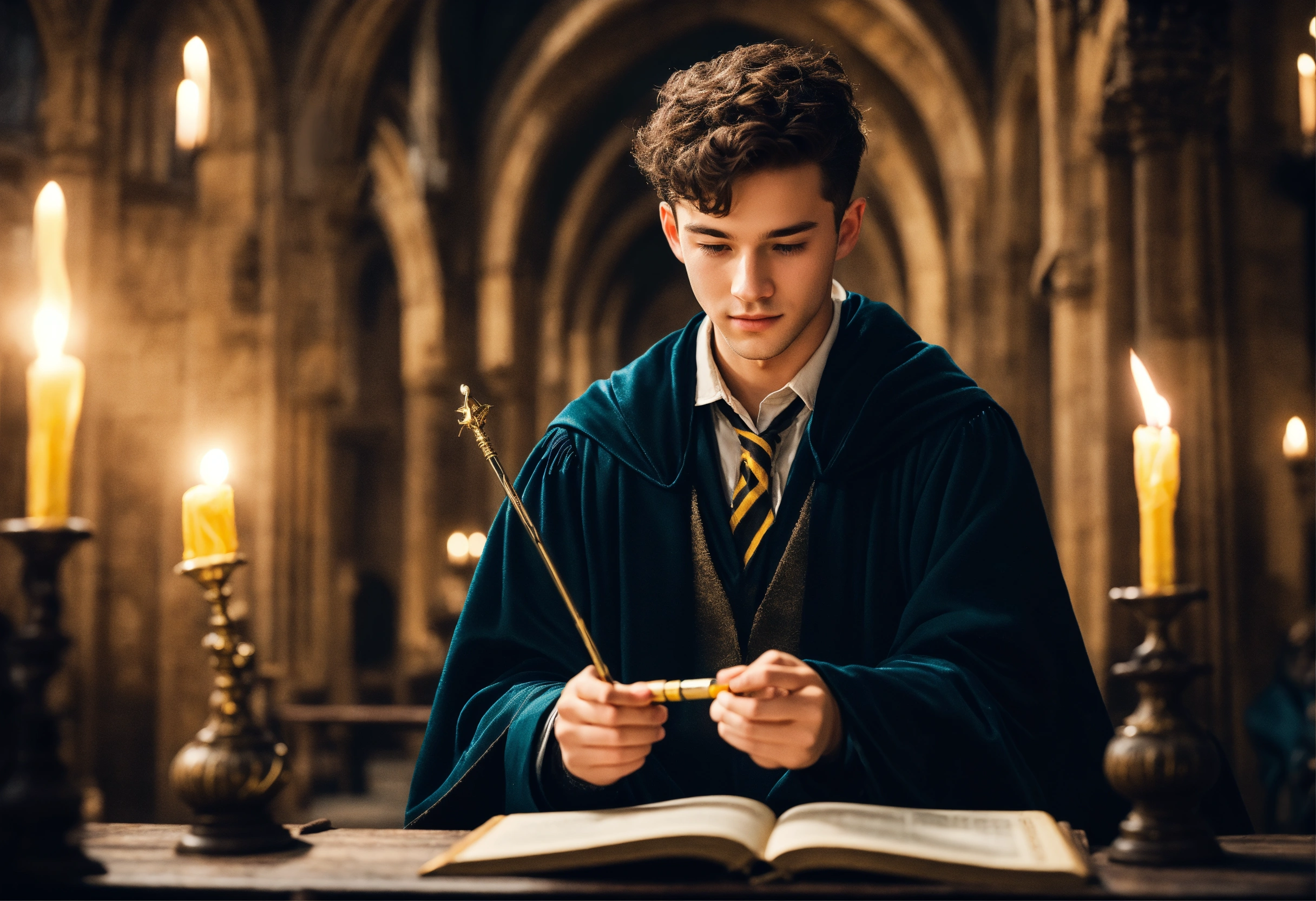 Lexica - Cute man young wizard, inside Hogwarts with a magic wand in ...