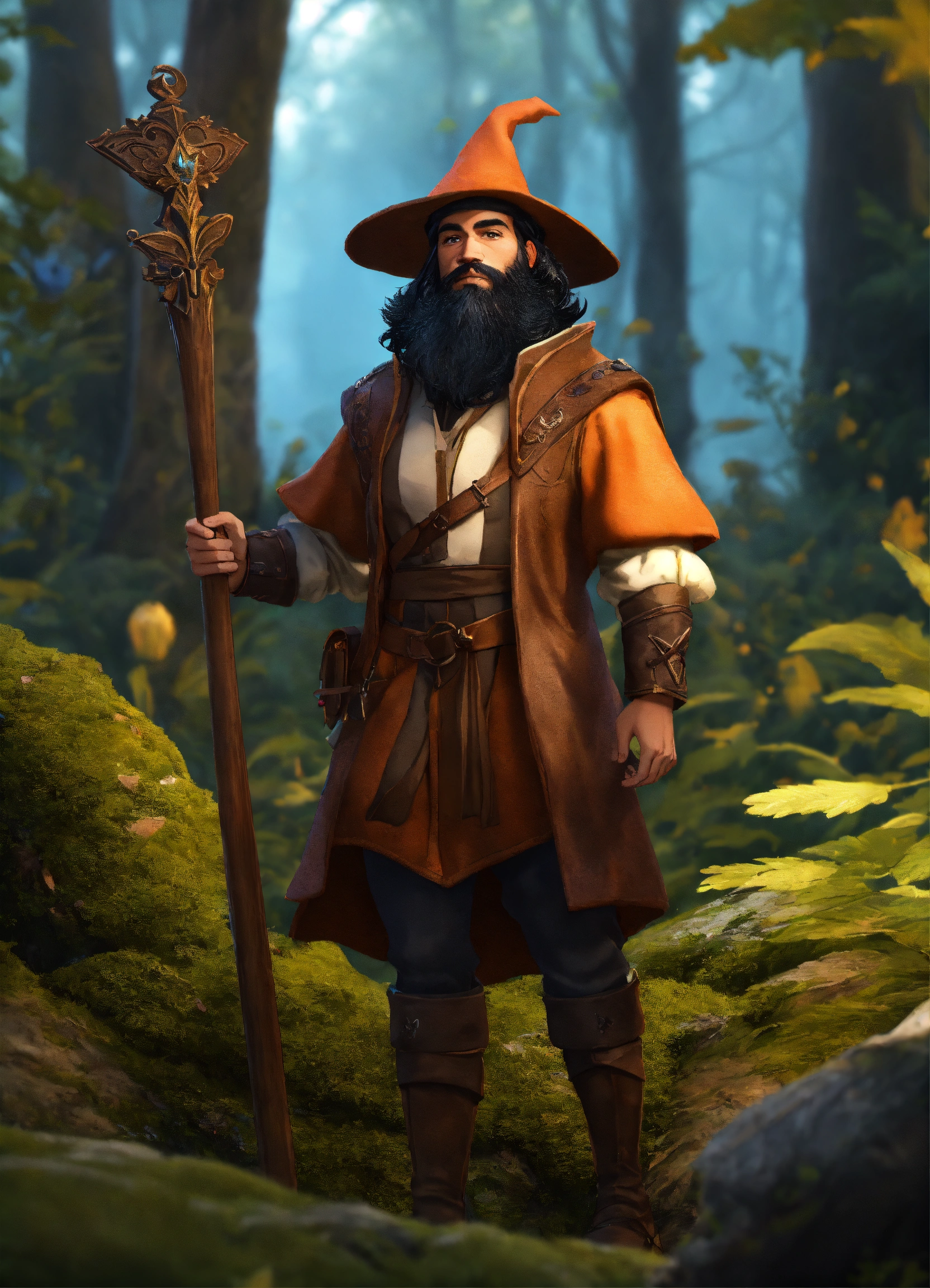 Lexica - A cartoon mage, with black beard and black hair, brown eyes ...