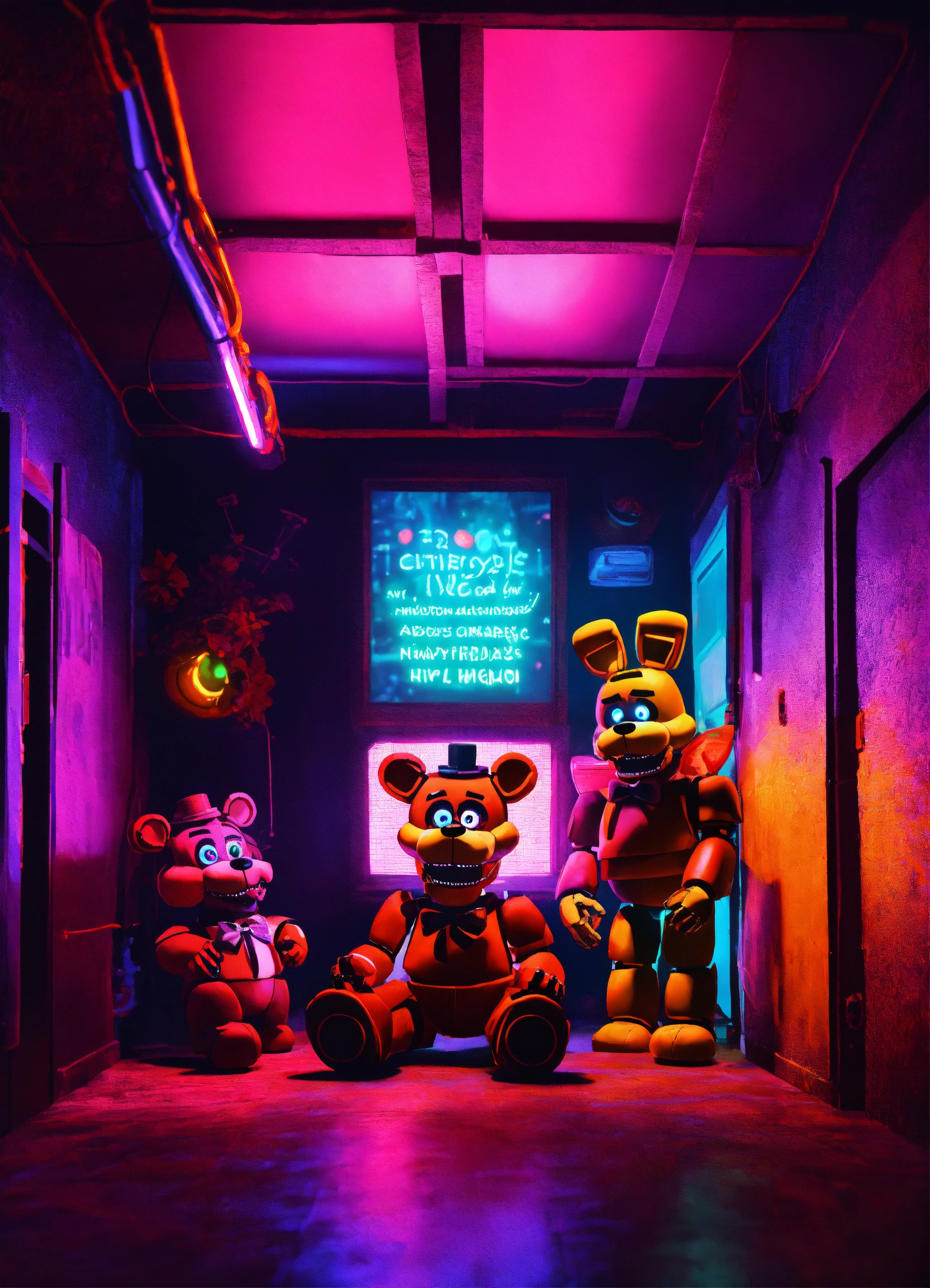Lexica - Five nights at Freddys animatronics in a dimly lit room, neon ...