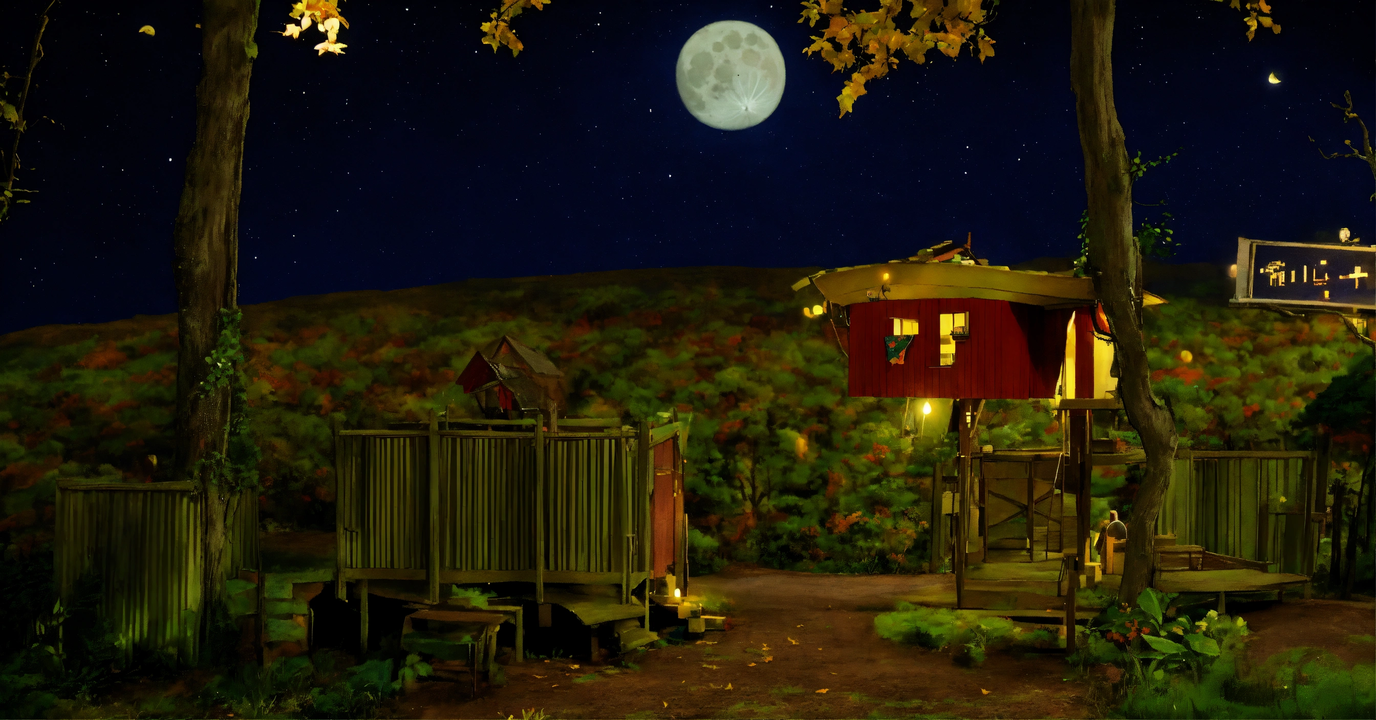 Lexica - Wrong turn, road, fall, treehouse, cute, moon