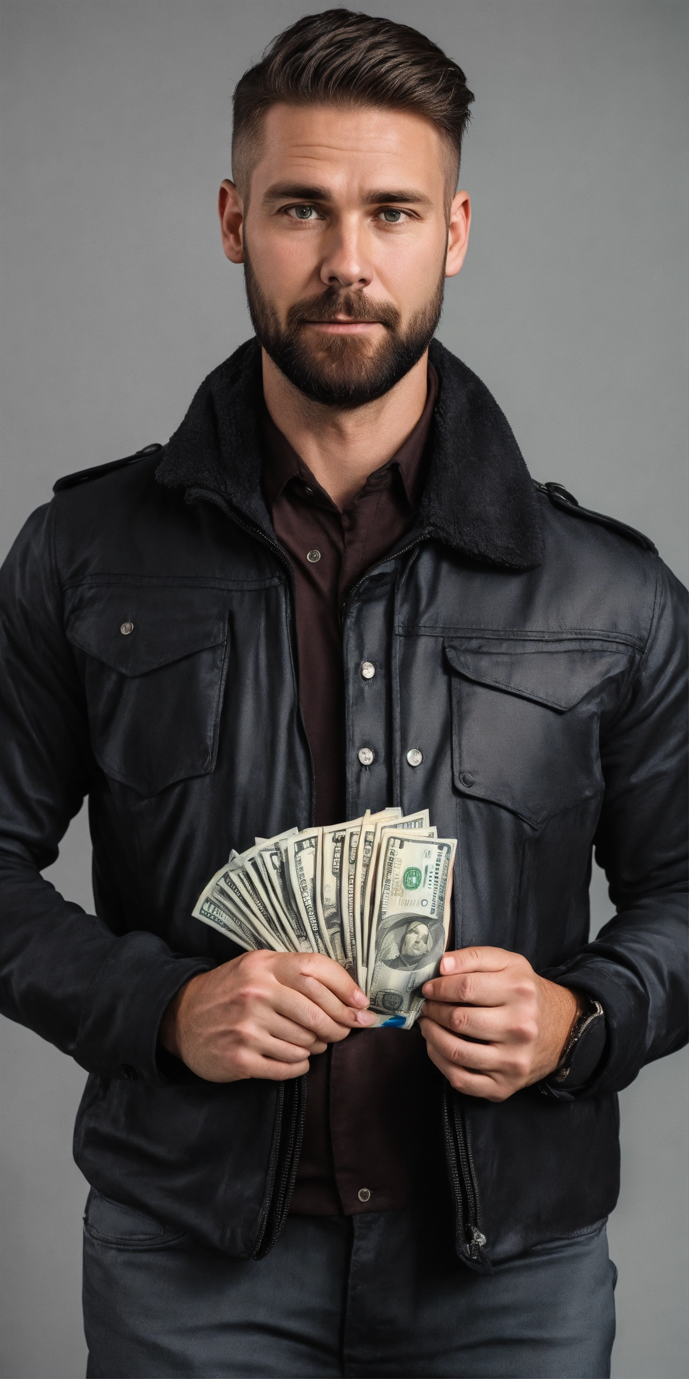 Lexica - A guy in his 30s is holding a big pile of cash dollars. The ...