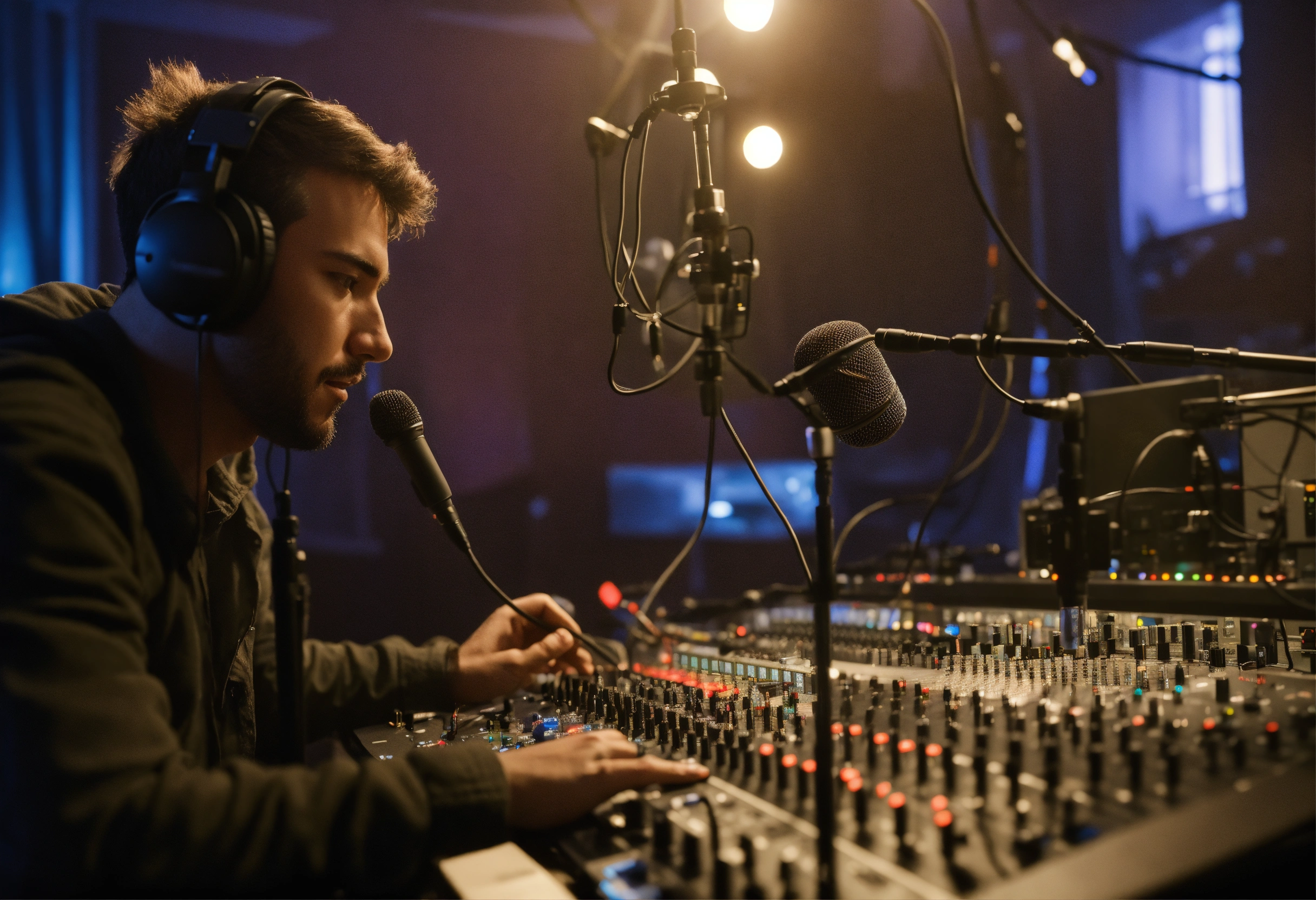 Lexica - The sound engineer installs microphones on the set. He pulls ...