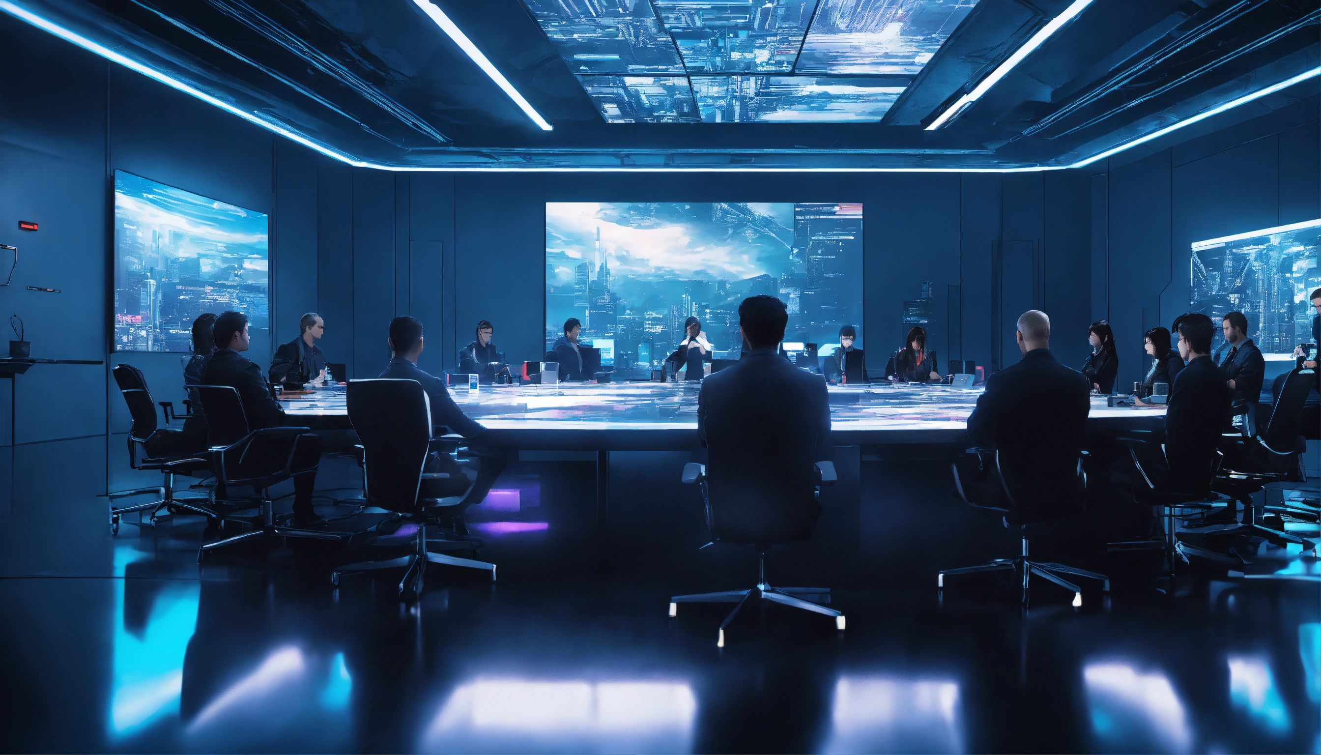 Lexica - High-tech conference room, people on chairs, one man standing ...