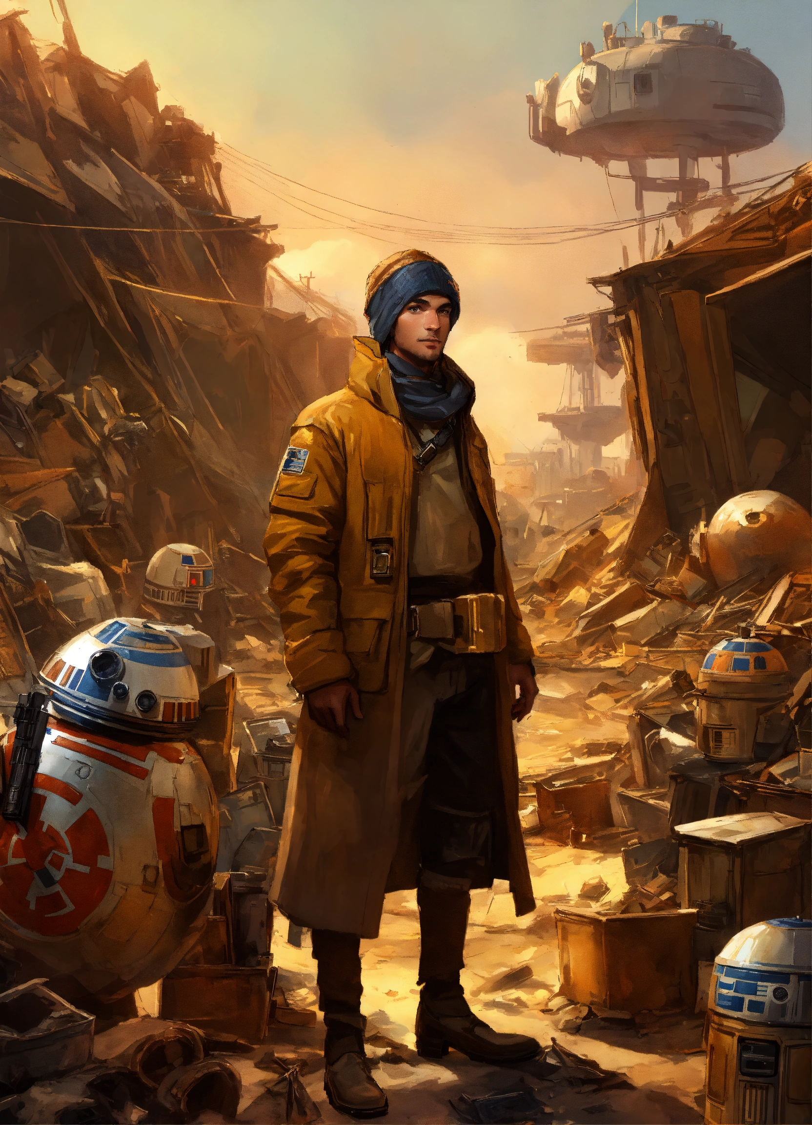 Lexica - Digital art of a male junk trader in a Star Wars scrapyard.