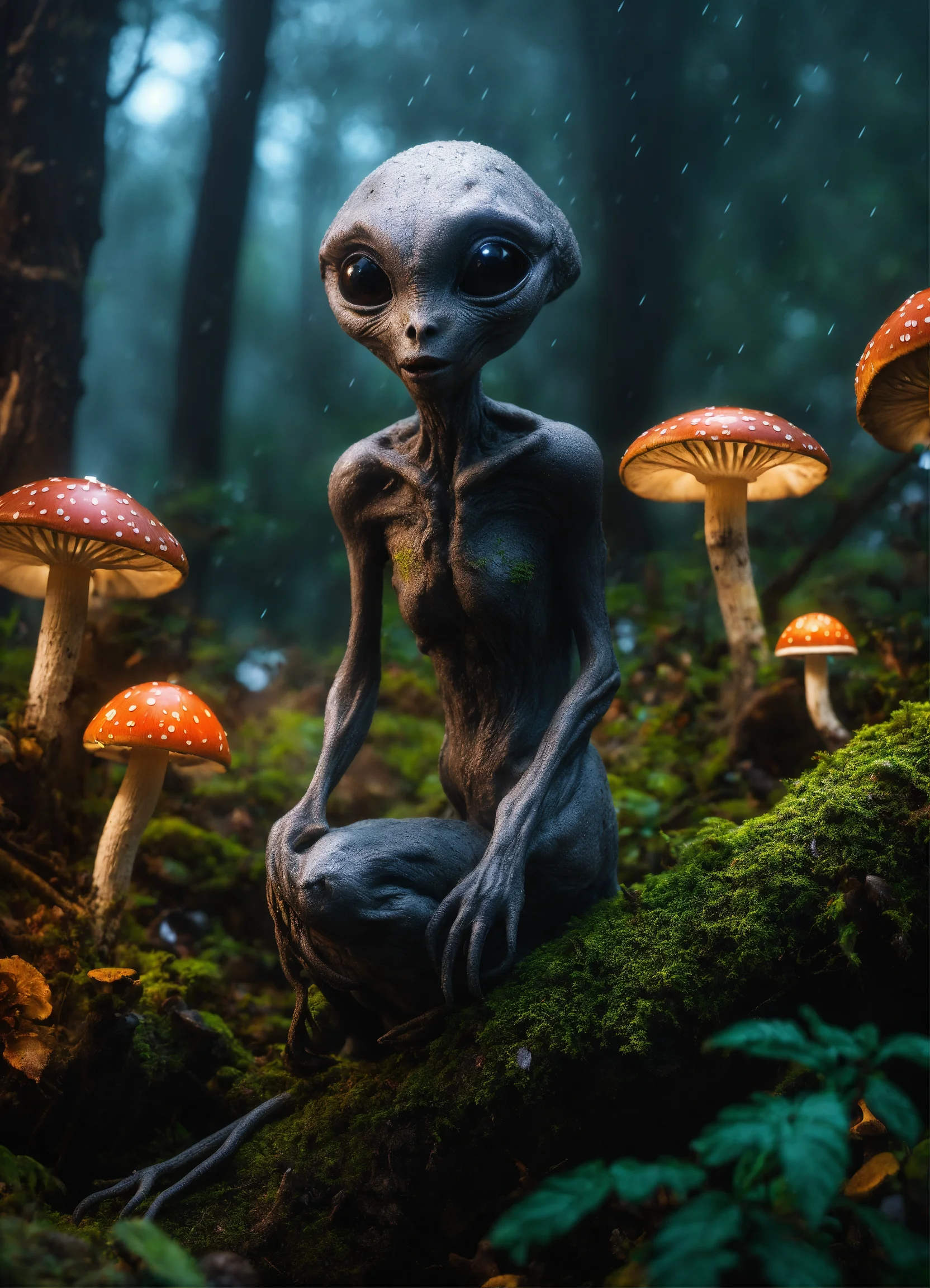 Lexica - A realiste grey alien , big eyes blacks , mushrooms in trees ...