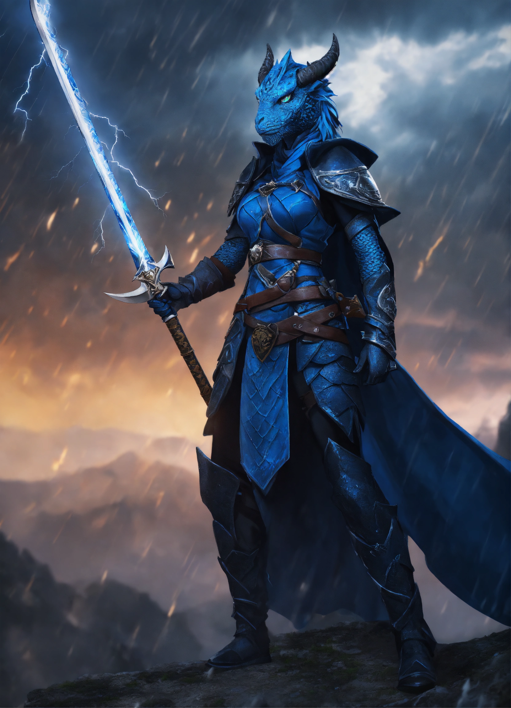 Lexica - Female-Dragonborn blue scales, with a tail, wielding a glaive ...