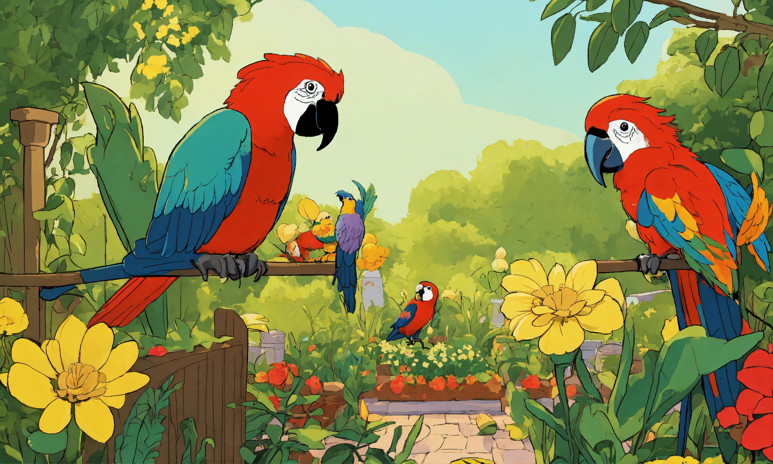 Lexica - Garden with parrots and a gardener, style of Donald Bluth ...
