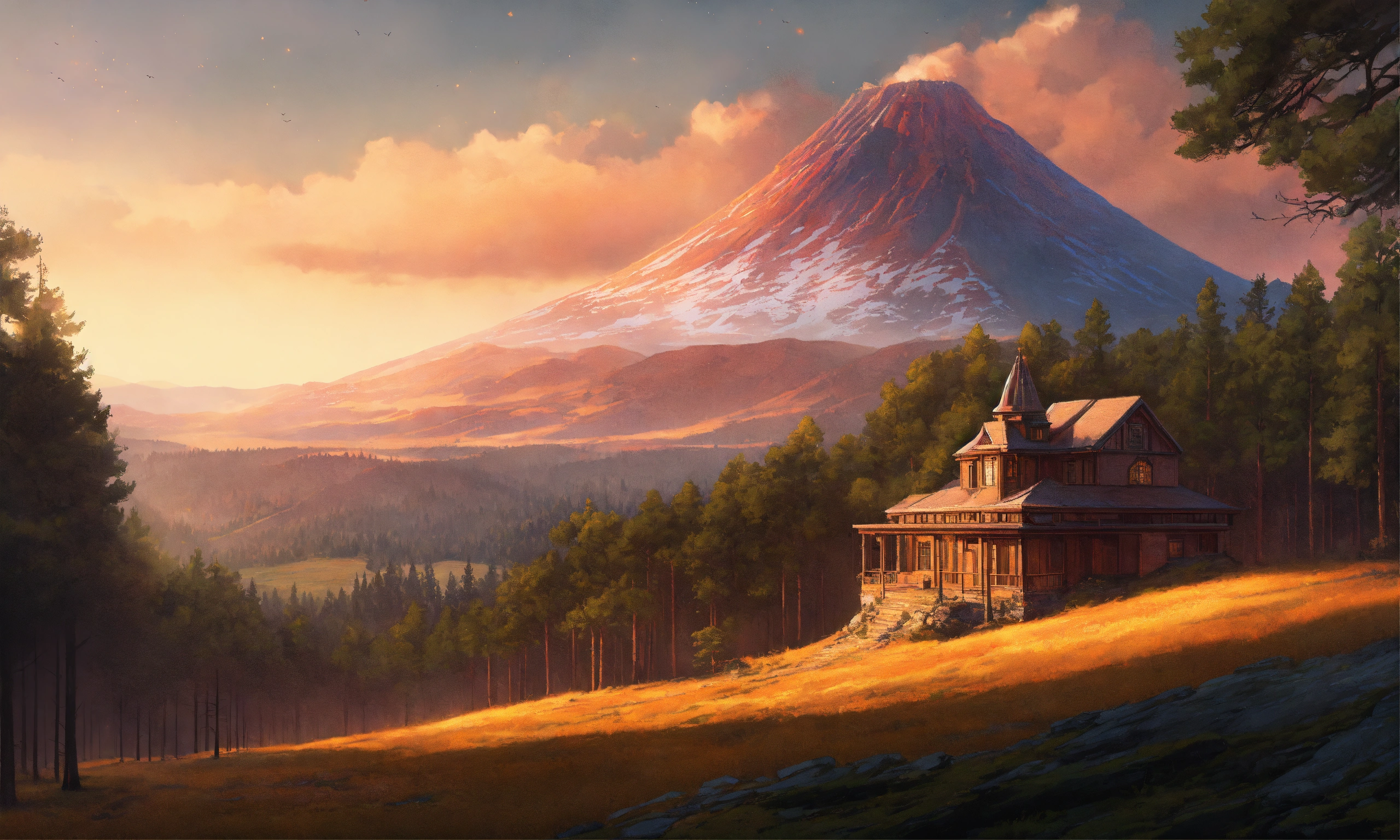 Lexica - American blockhouse with dormant volcano in distance and pine ...