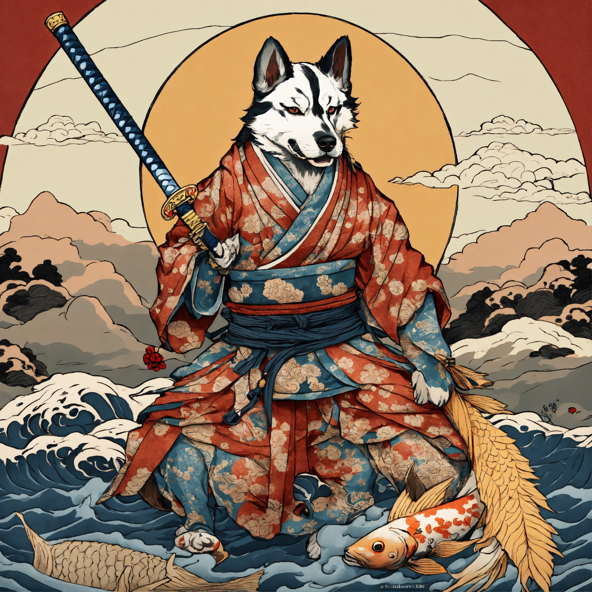 Lexica - There is a dog with a fish and a sword on a white background ...