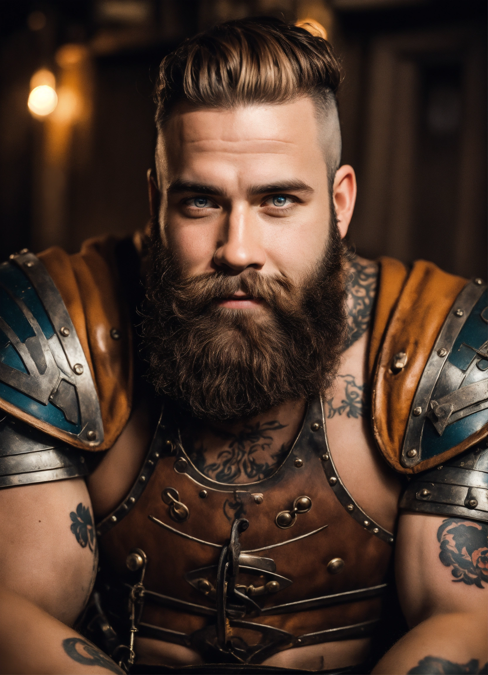Lexica - Photo realistic portrait of dwarf, male, hairy chest, tattoos ...