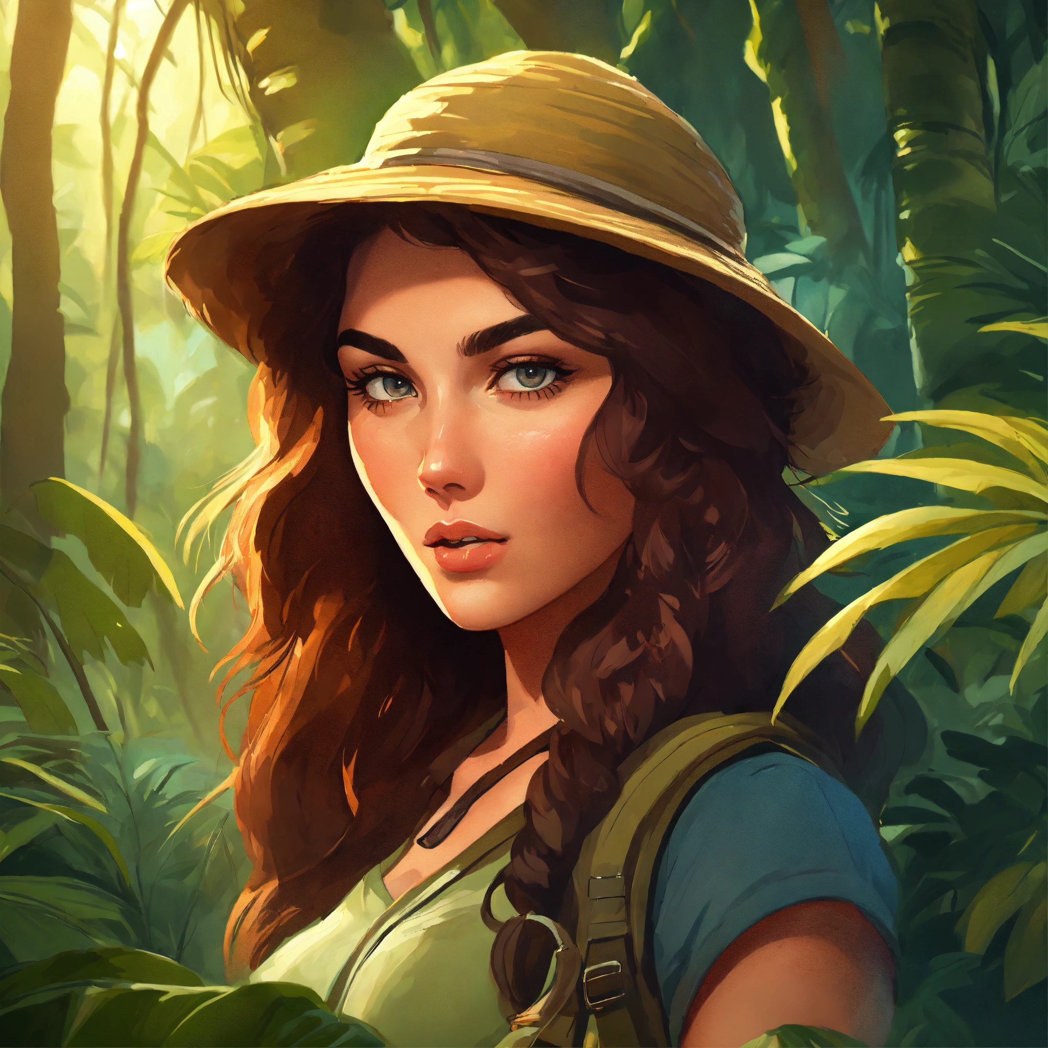 Lexica - Vintage adventure woman in jungle, realistic cartoon oil paint ...