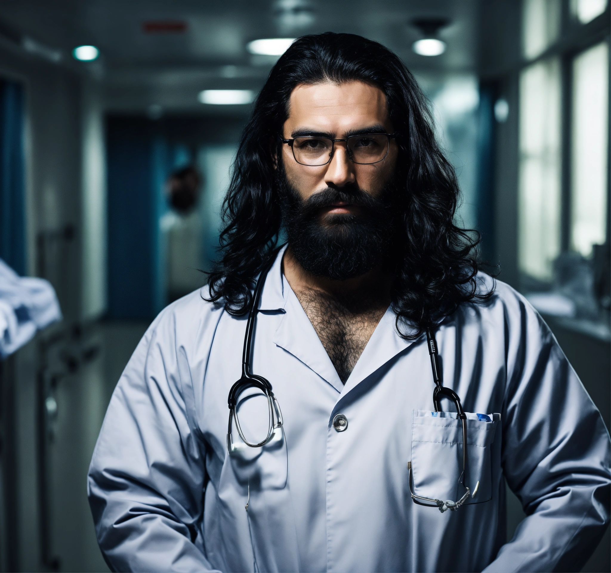 Lexica - Hospital nurse man with black long hair and black beard with ...
