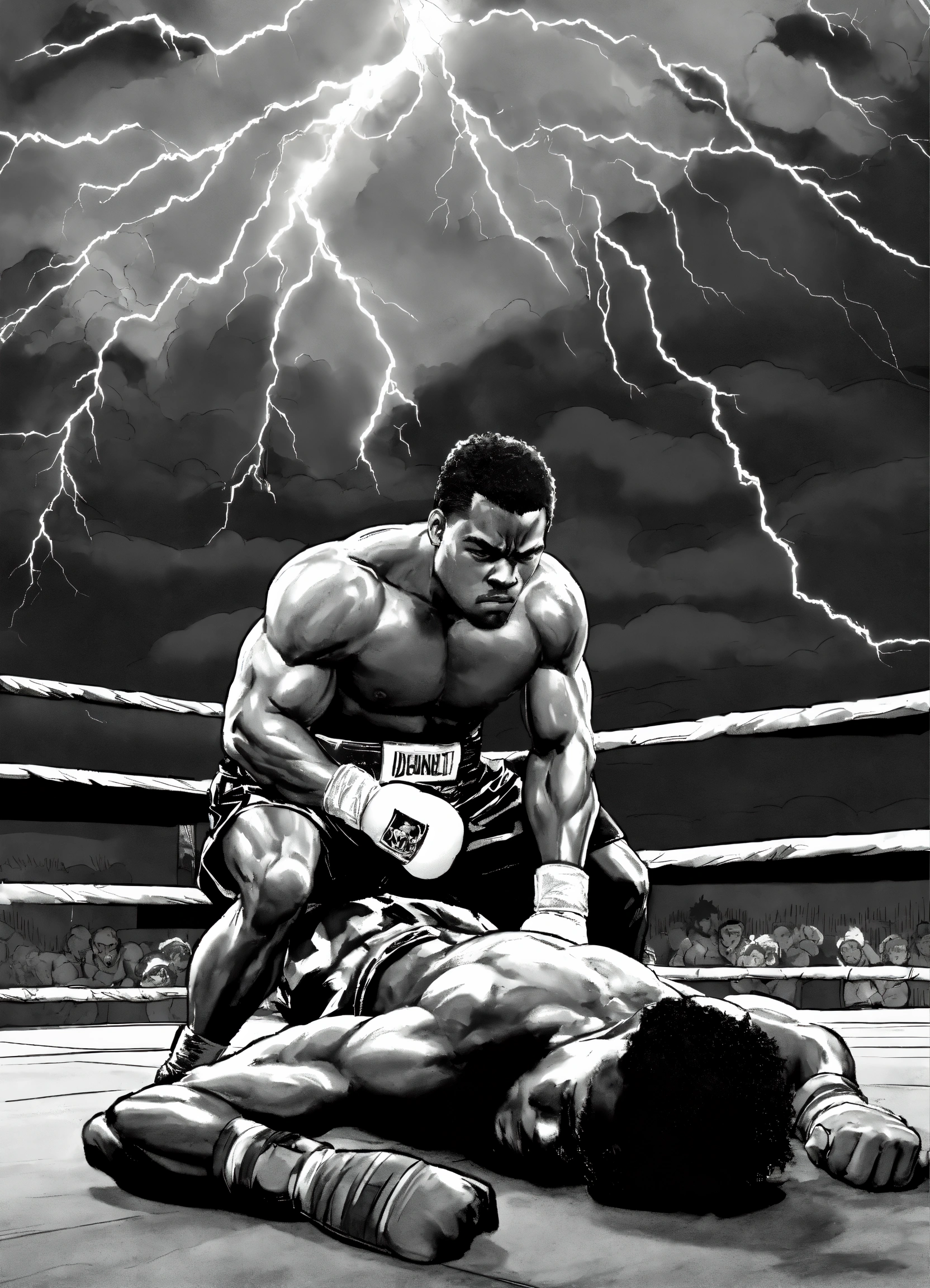 Lexica - A black and white illustration of a sad masculine black boxer ...