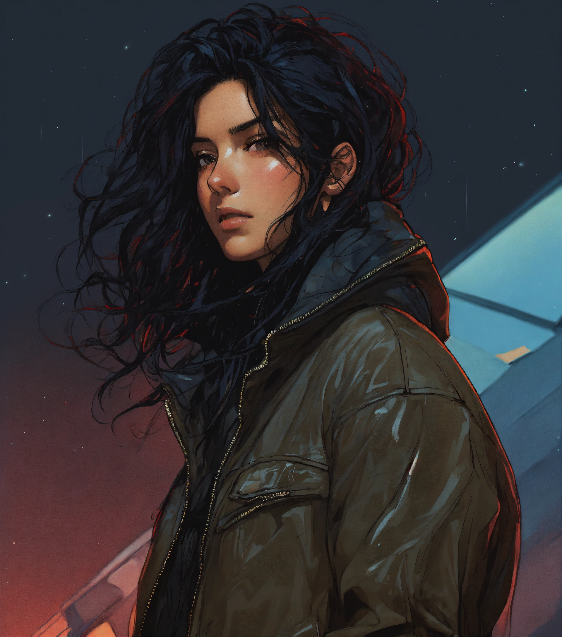 Lexica - An illustration by moebius, a young woman with black messy ...