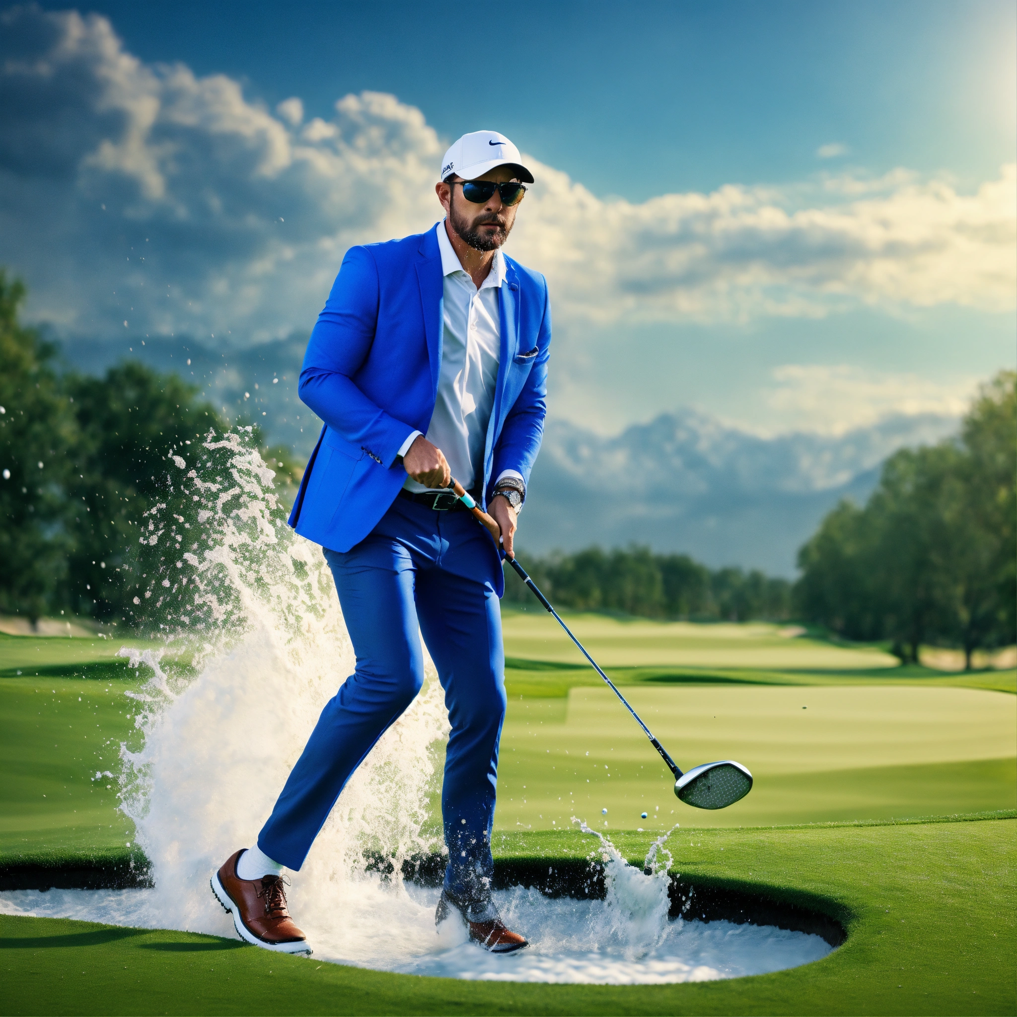 Lexica - 4k hd ultra realistic man blue blazer, sunglasses. Swinging ...
