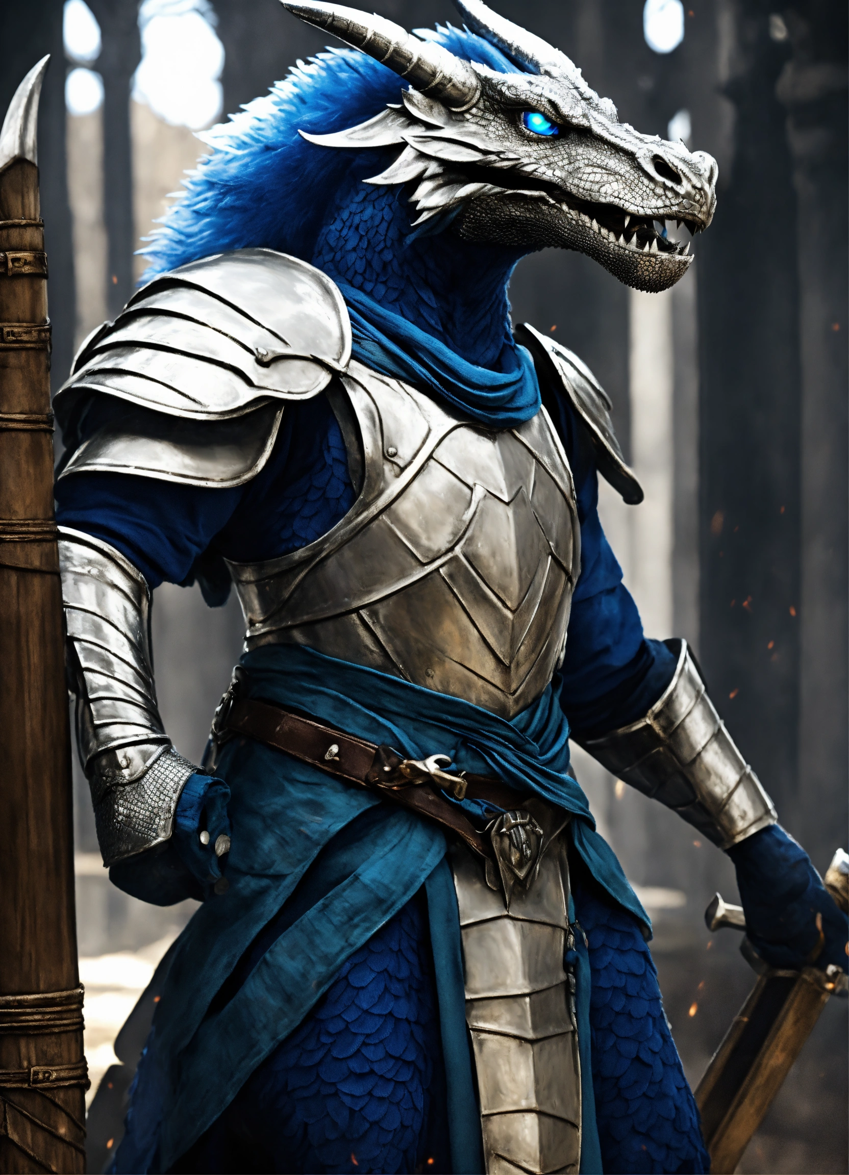 Lexica - A tall, skinny silver dragonborn with blue eyes wearing scale ...