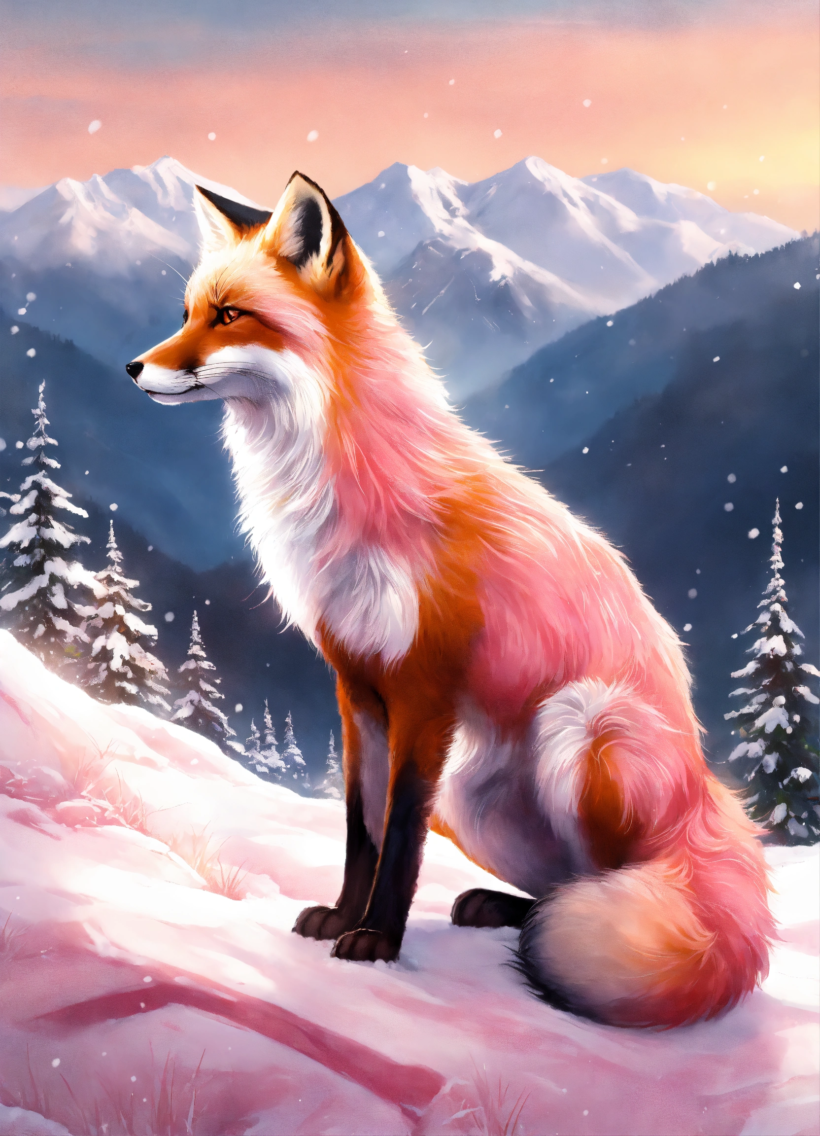 Lexica - Light pink fox, champagne fox, in the snow mountains