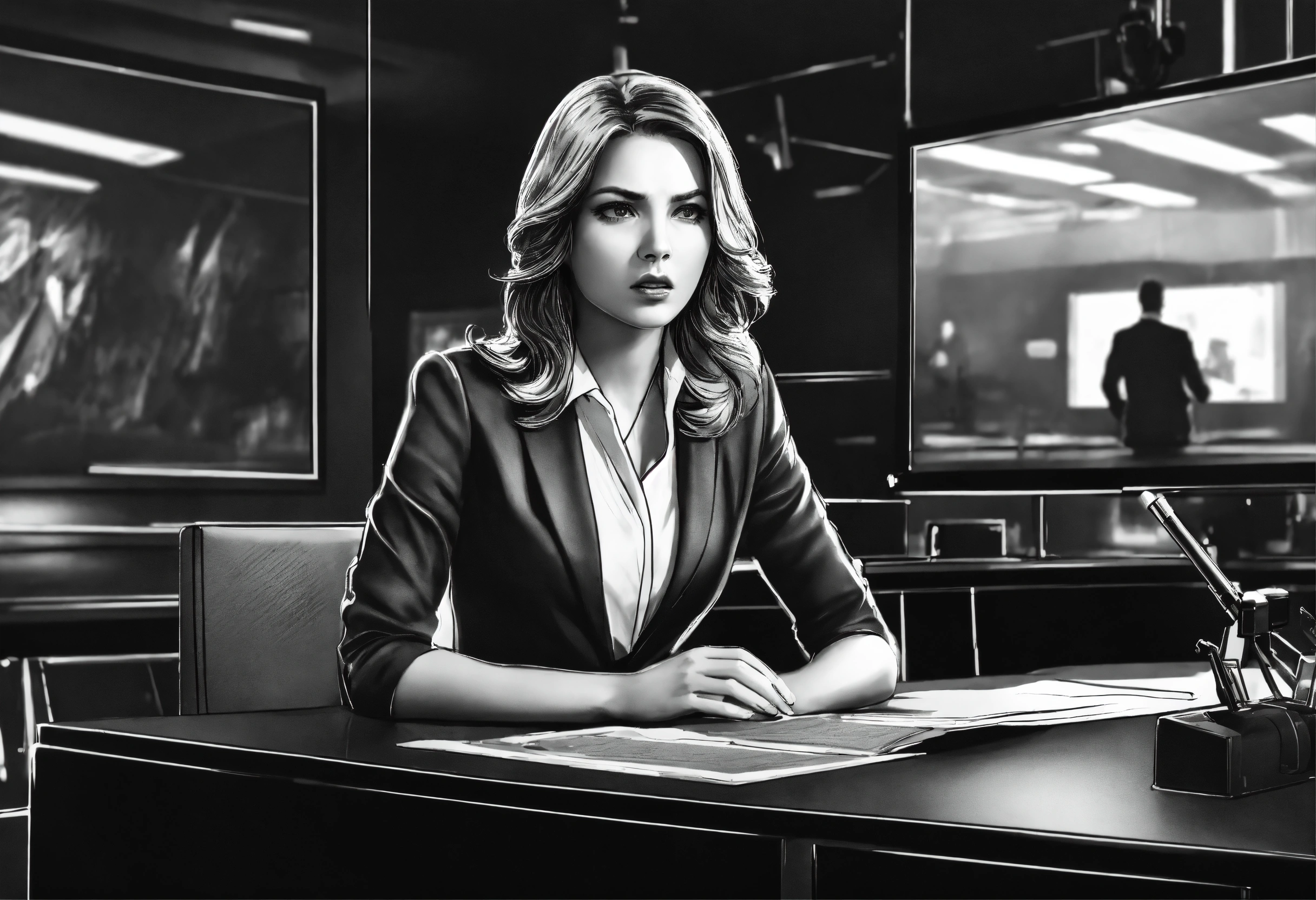 Lexica - Black and white illustration female news reporter, facing ...