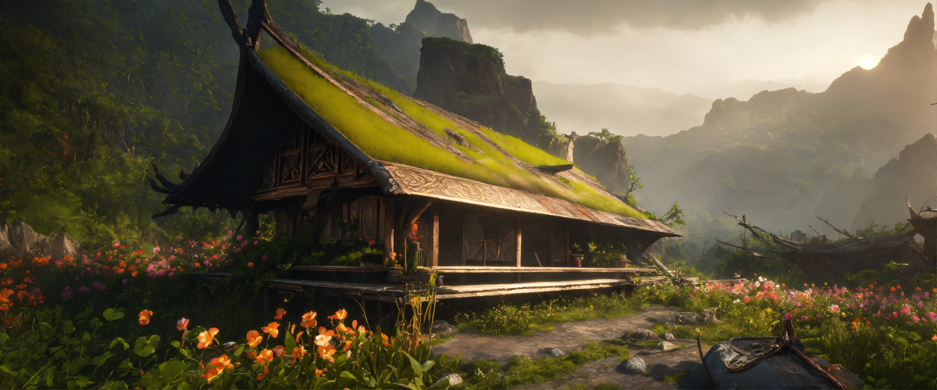 Lexica - Raw photo, a elven style hut on a clifftop high above a gloomy ...