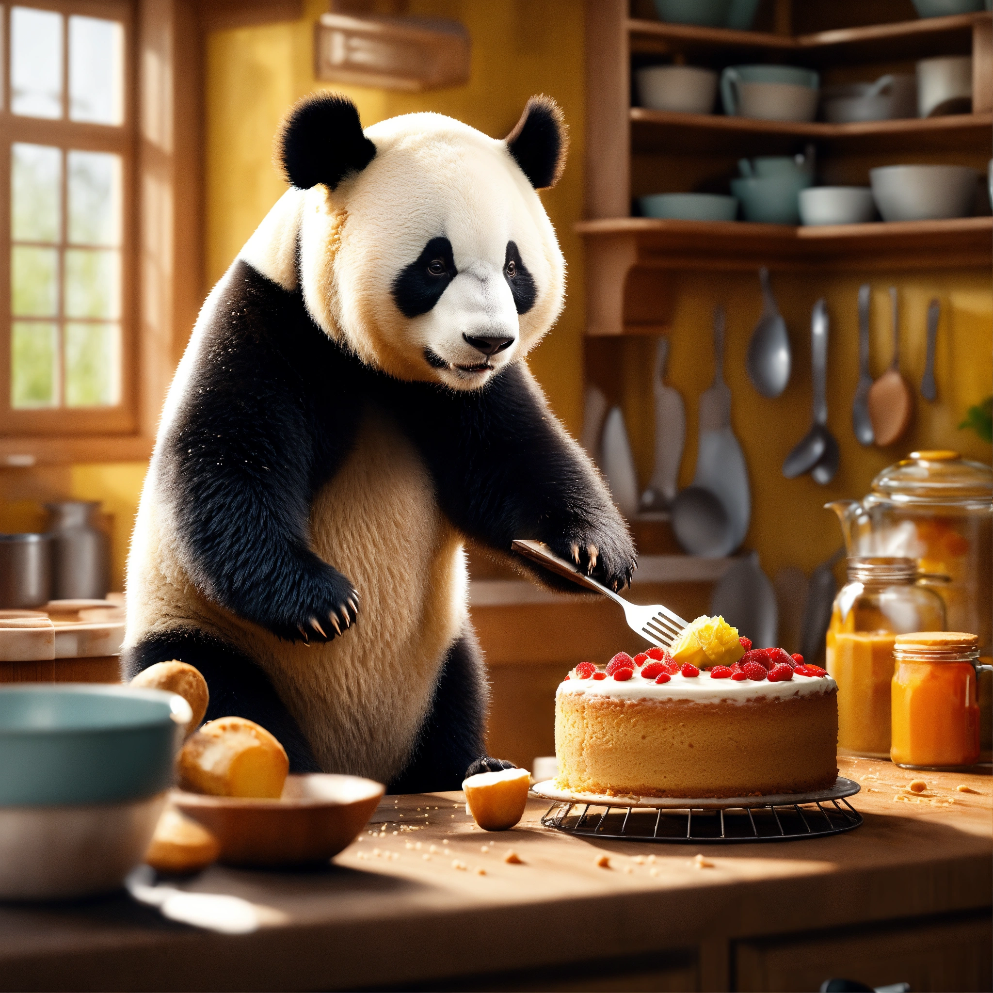 Lexica - A panda bear baking a cake in a sunny kitchen, 8k, extremely ...