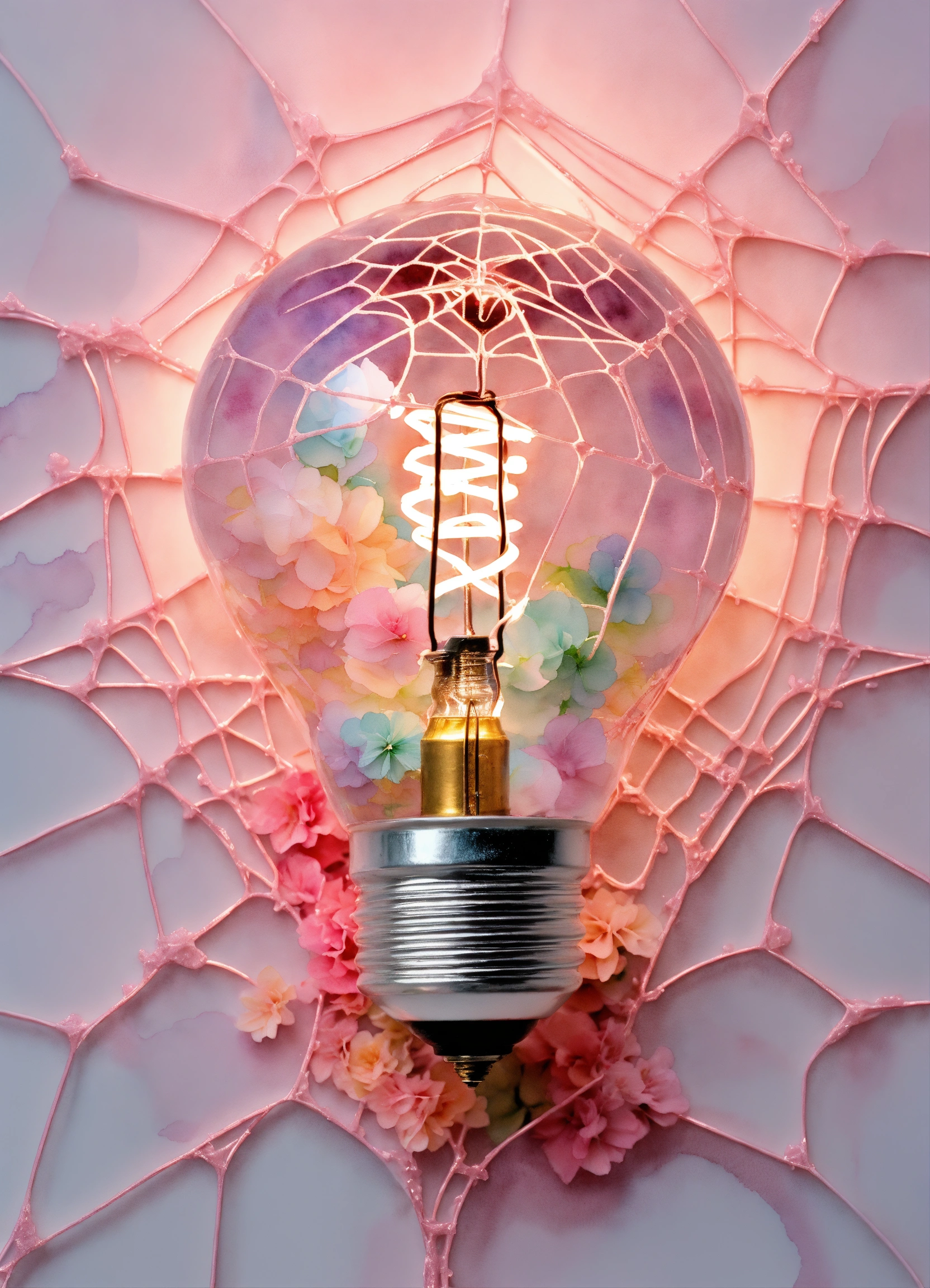 Lexica - Pastel light pink Spiderweb inside, edison lightbulb heart ...