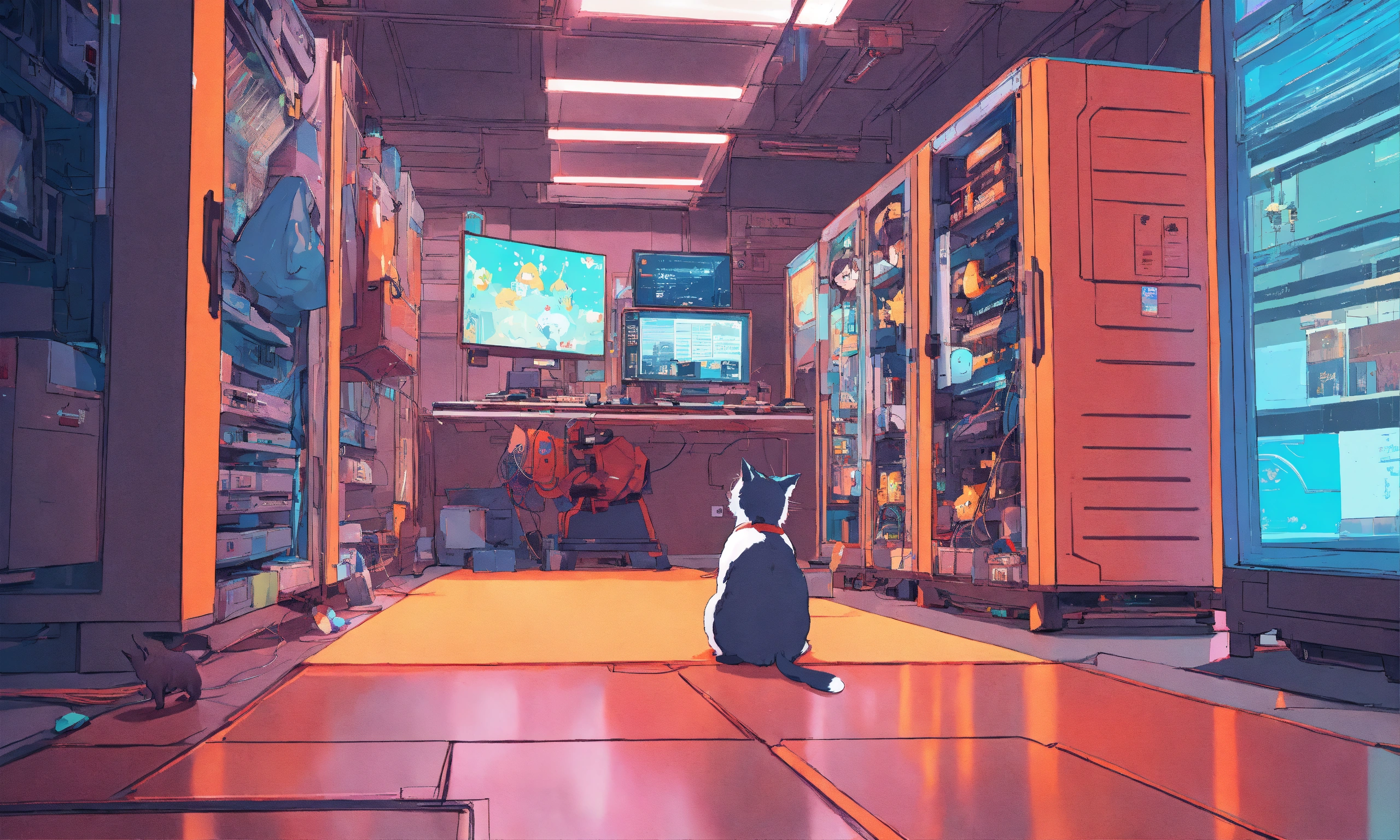 Lexica - Digital art of a little cat moving into supercomputer room, in ...