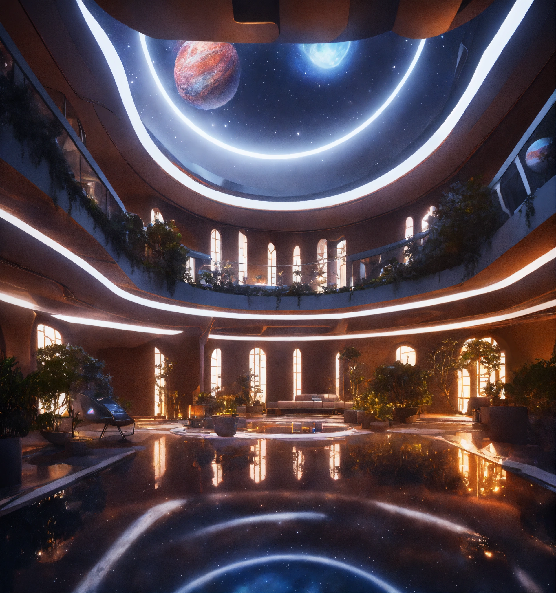 Lexica - Space port hotel courtyard cosmic atrium in deep space, cosmic ...