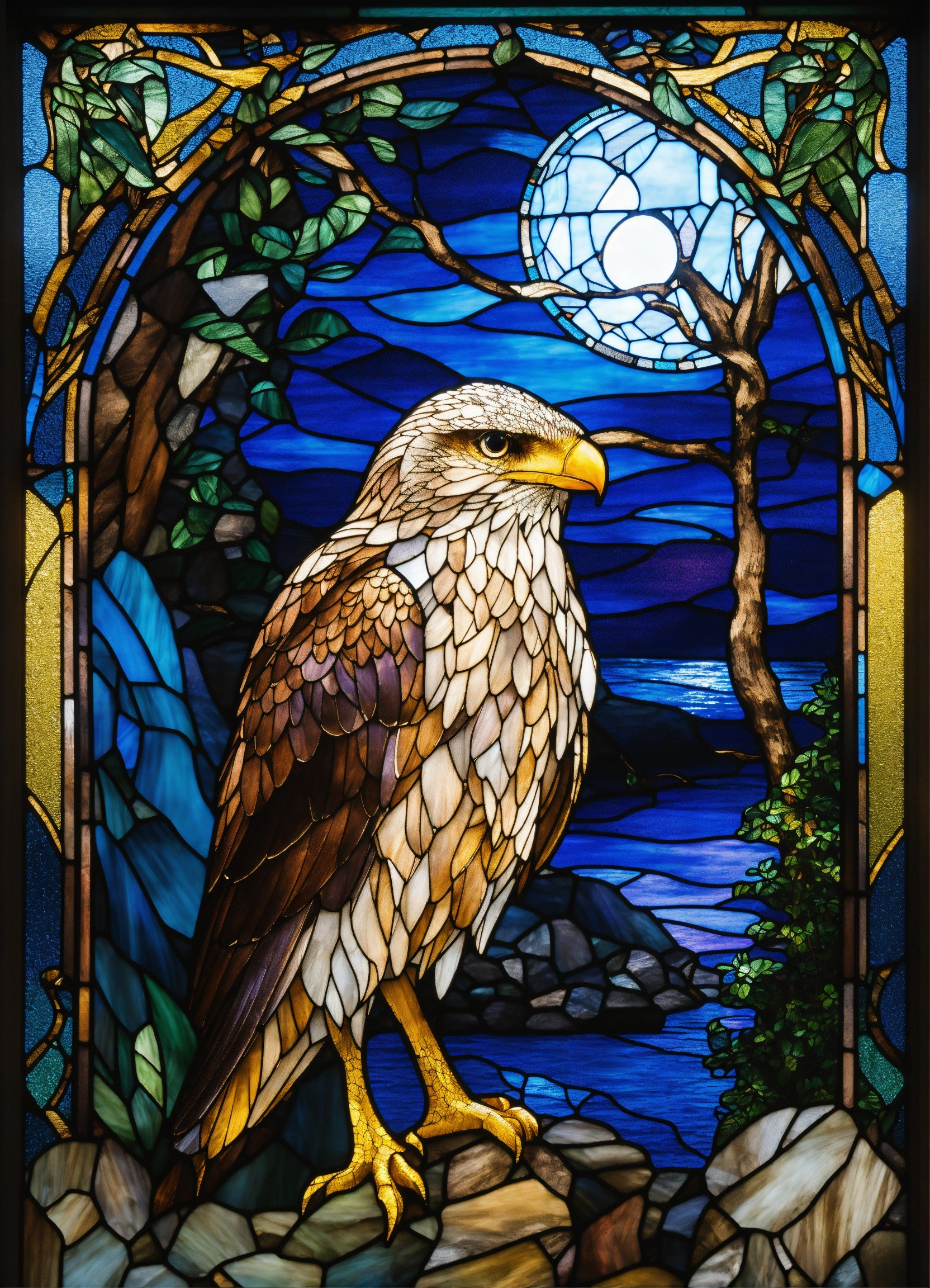 Lexica - Stained glass window of Merlin in the moonlight, sitting on a ...