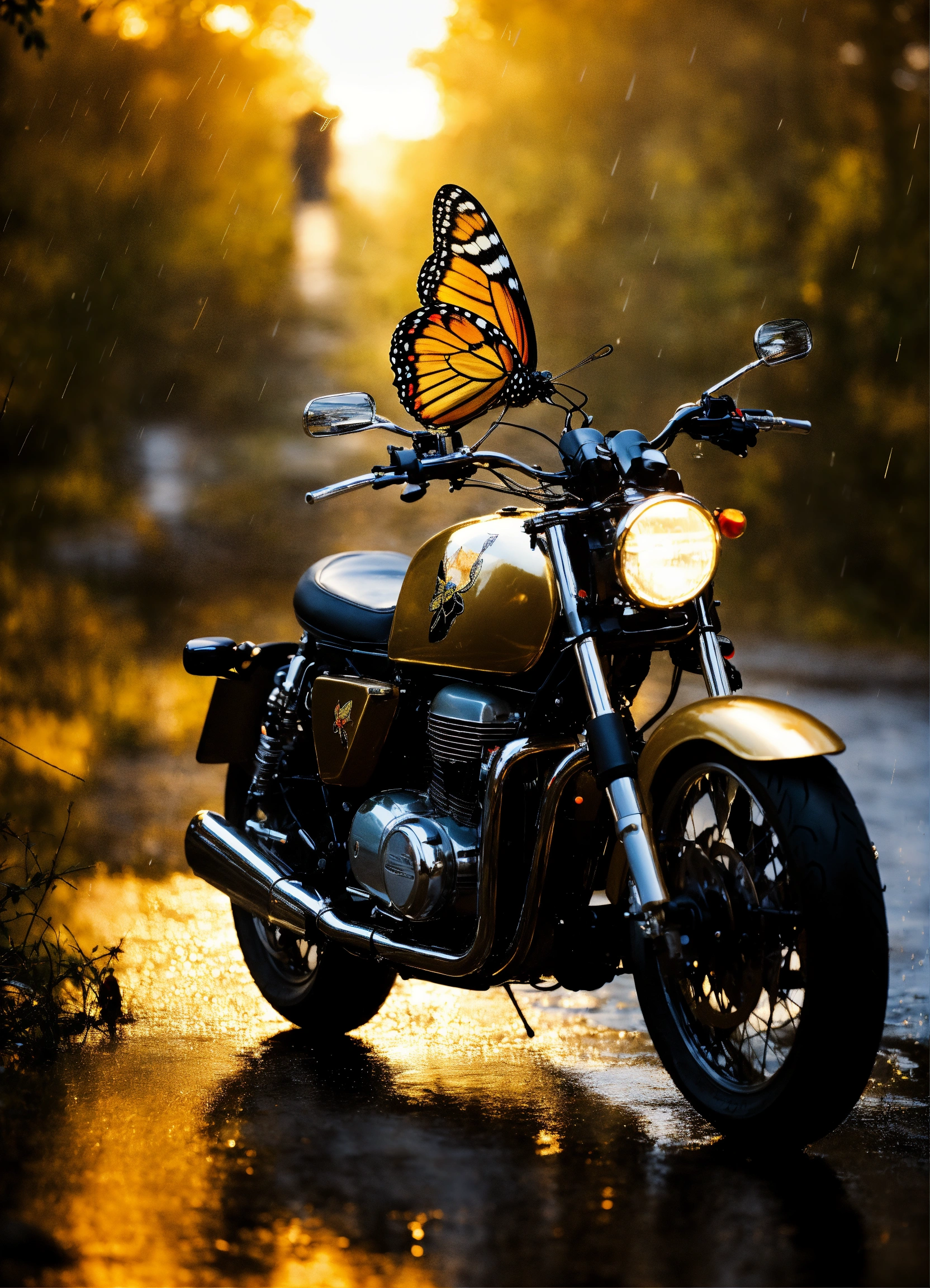 Lexica - Butterfly on motorcycle, backlight golden and heavy rain, near ...