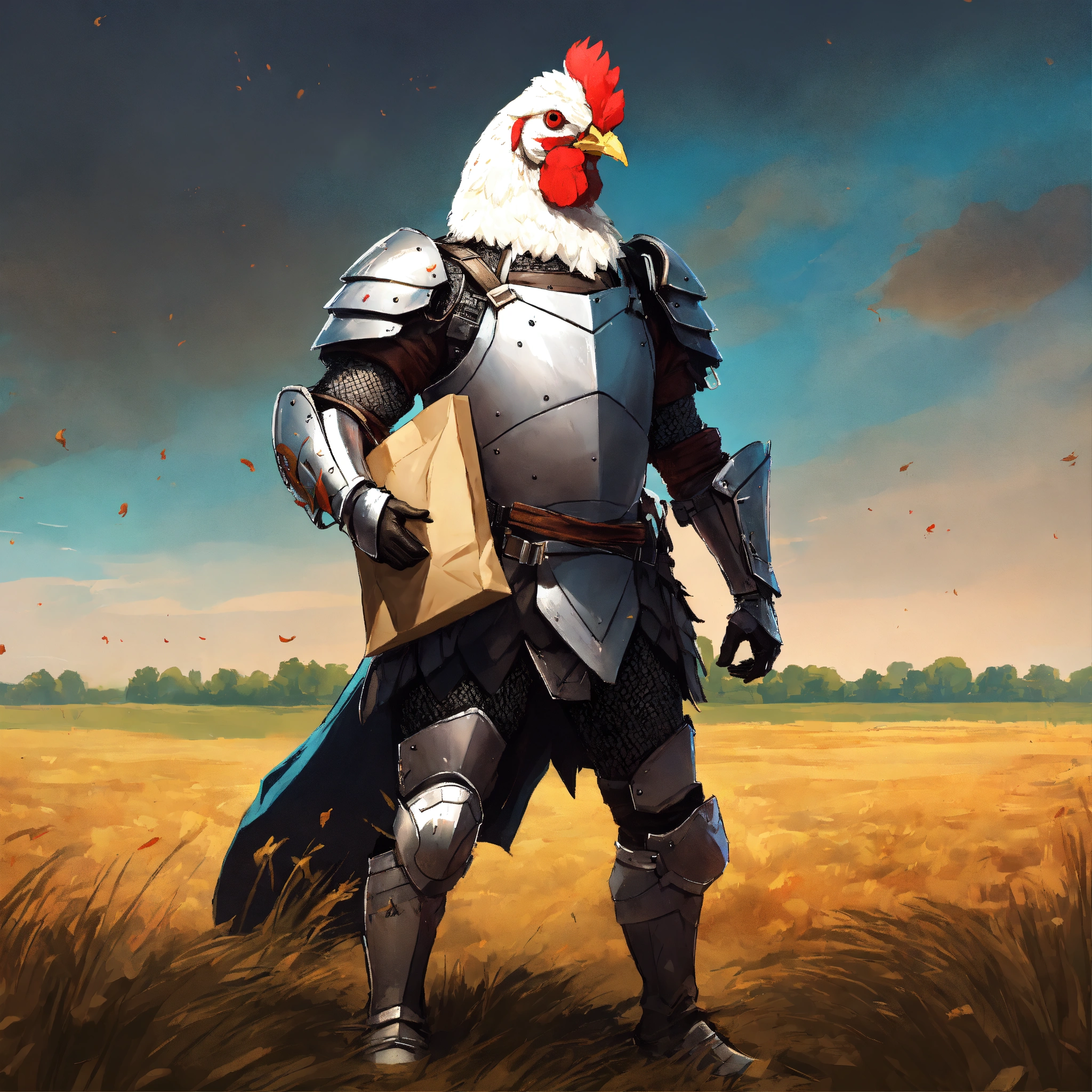 Lexica - Chicken knight in armour with white head standing in a field ...