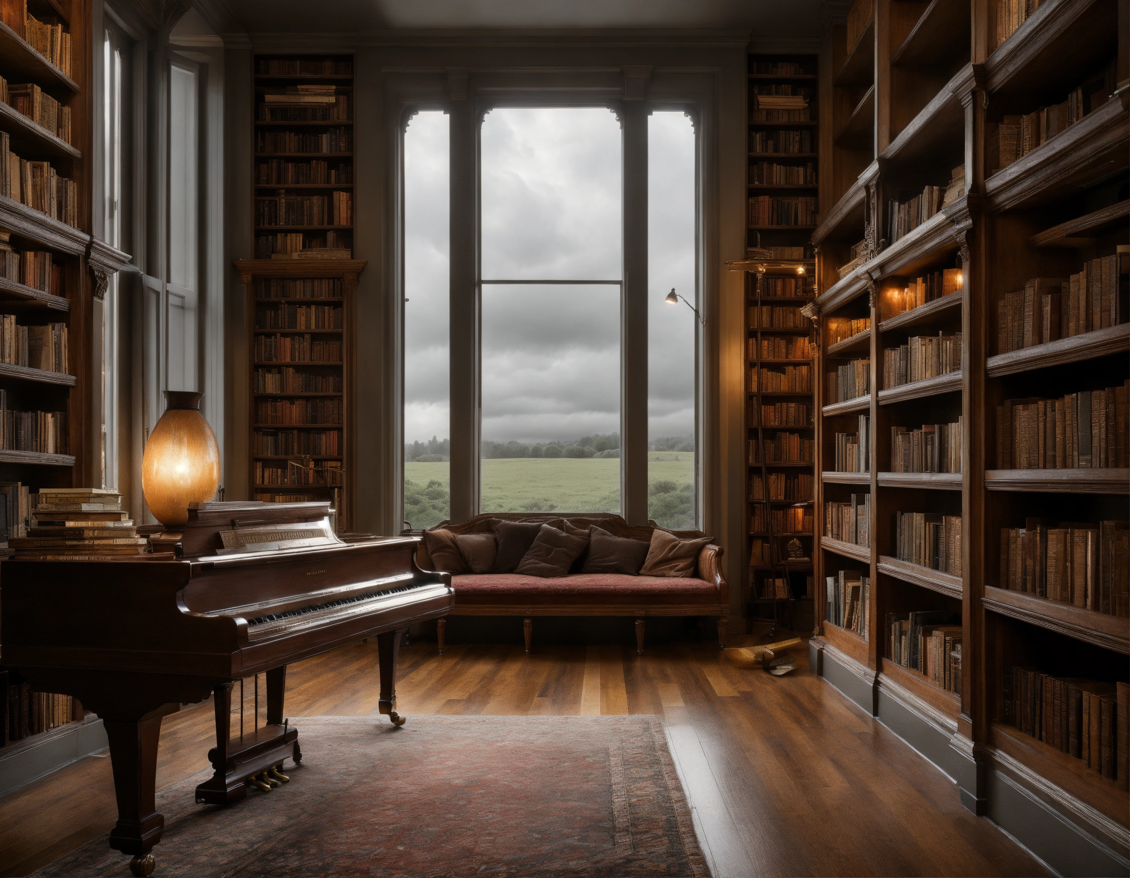 Lexica - Beautiful library with wooden floor, fireplace, carpets, piano ...